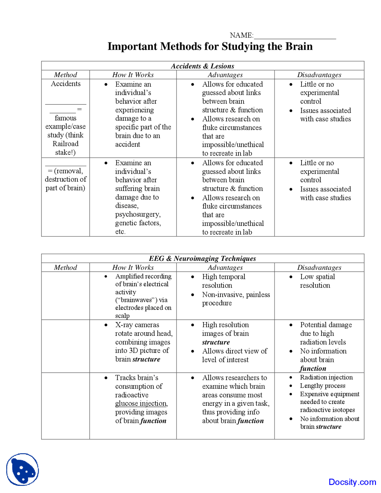 Studying the Brain - Advanced Placement Psychology - Quiz - Docsity