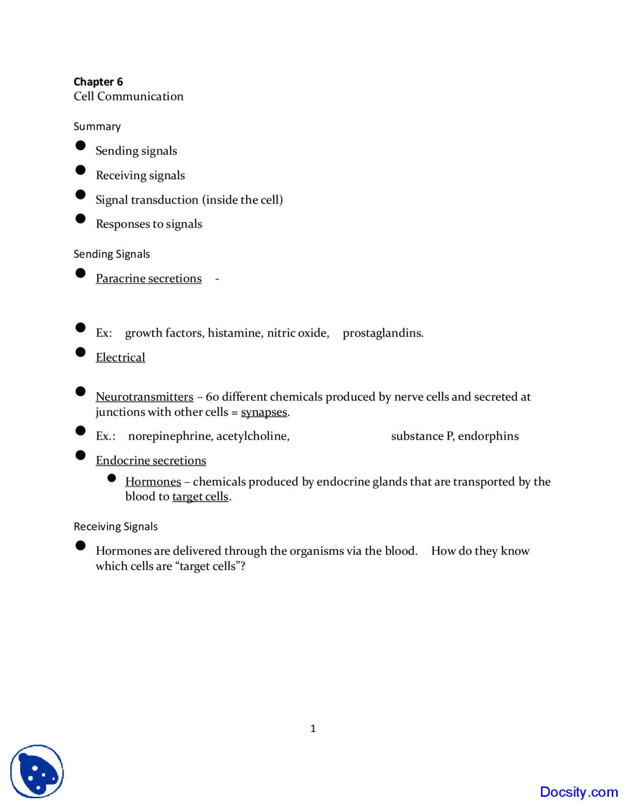 Cell Communication Fundametnals Of Biology Lecture Notes Docsity