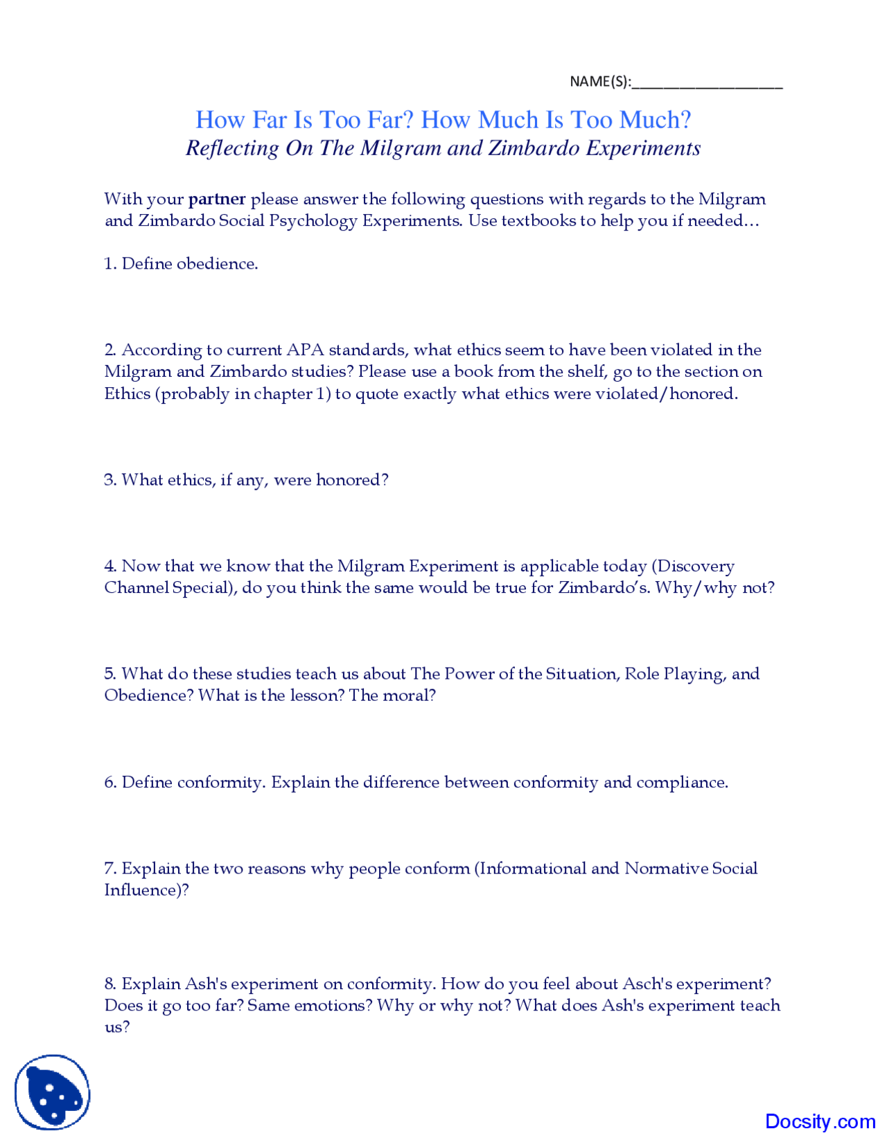 How Far Is Too Far Advanced Placement Psychology Quiz Docsity