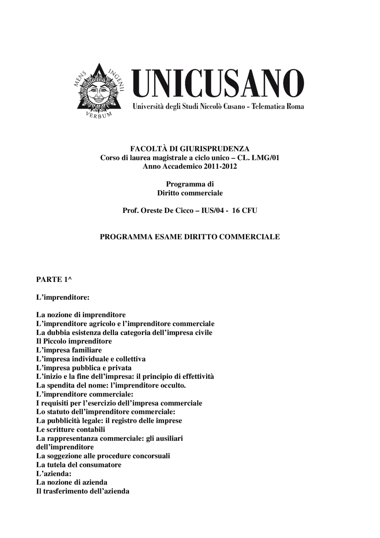 Diritto commerciale - programma d'esame - De Cicco - Docsity