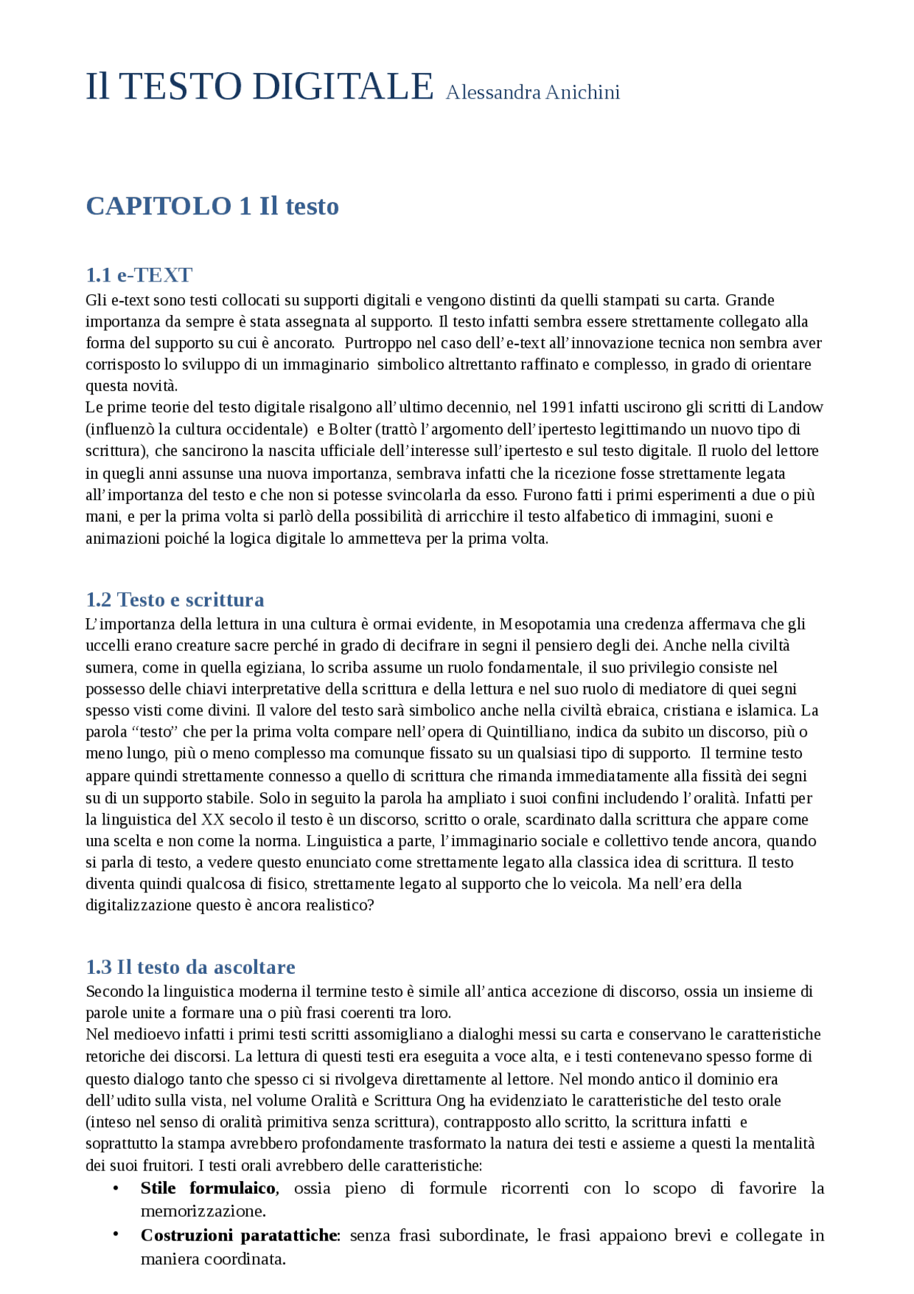 Il Testo Digitale Di Alessandra Anichini Riassunto Docsity