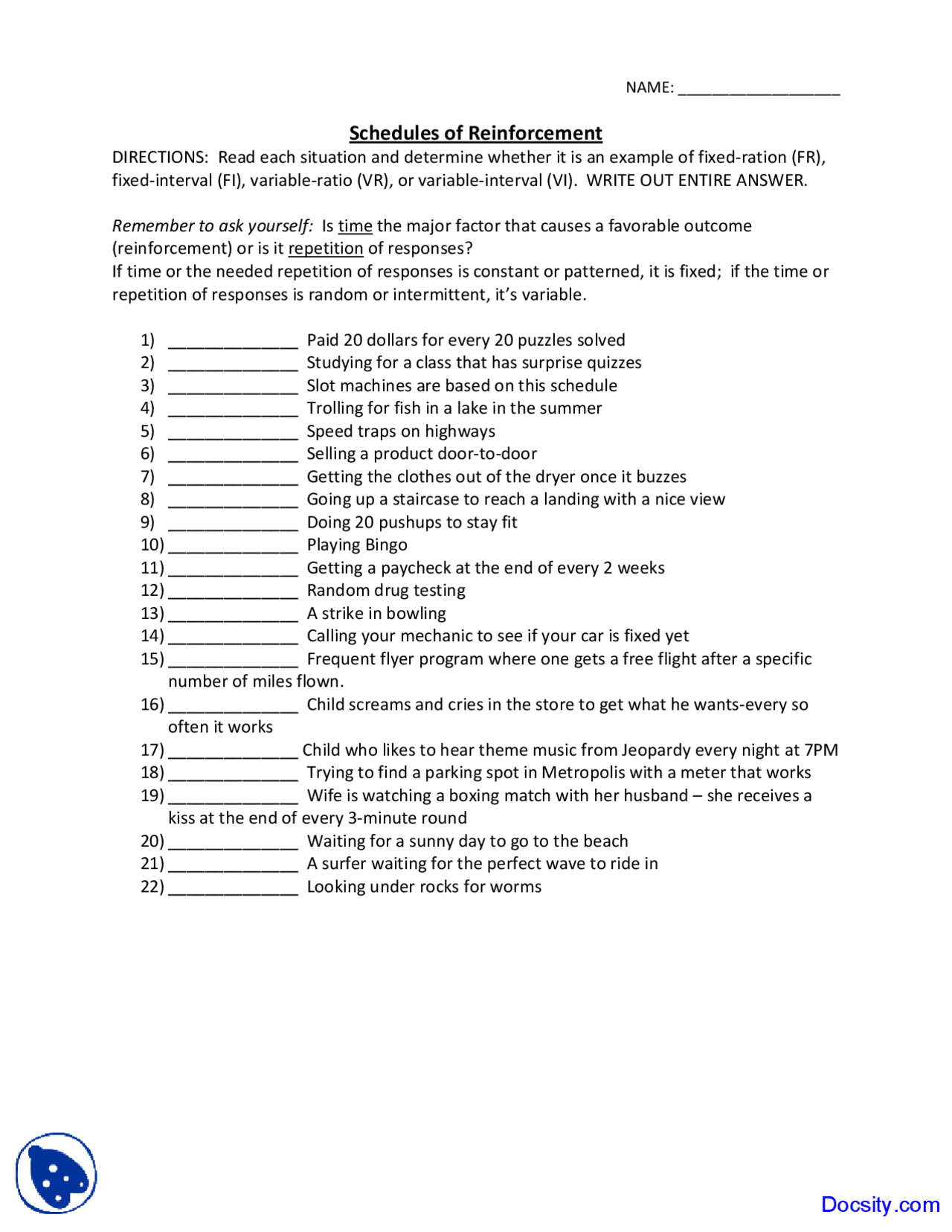 Schedules Of Reinforcement Advanced Placement Psychology Quiz Docsity