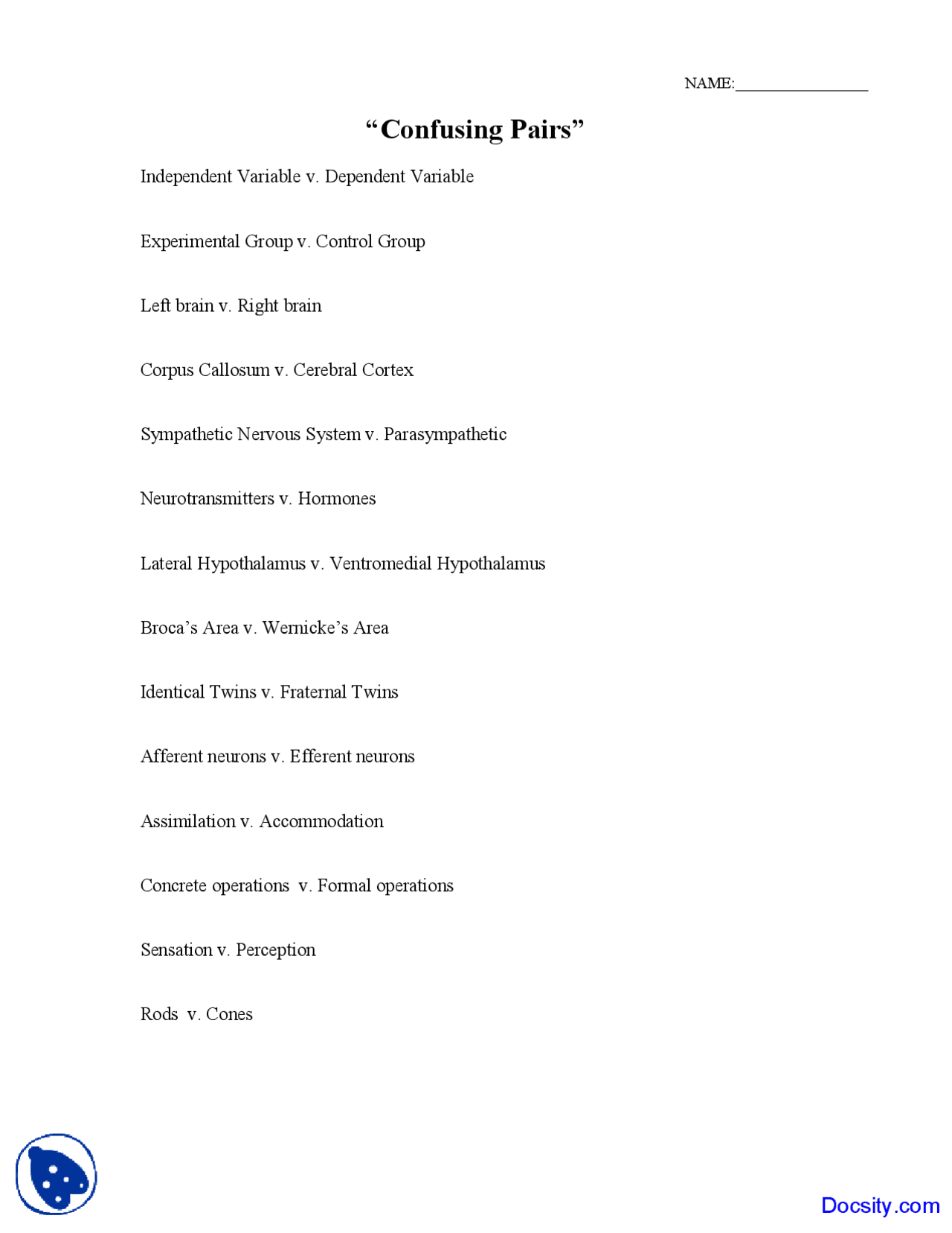 Confusing Pairs - Advanced Placement Psychology - Quiz - Docsity