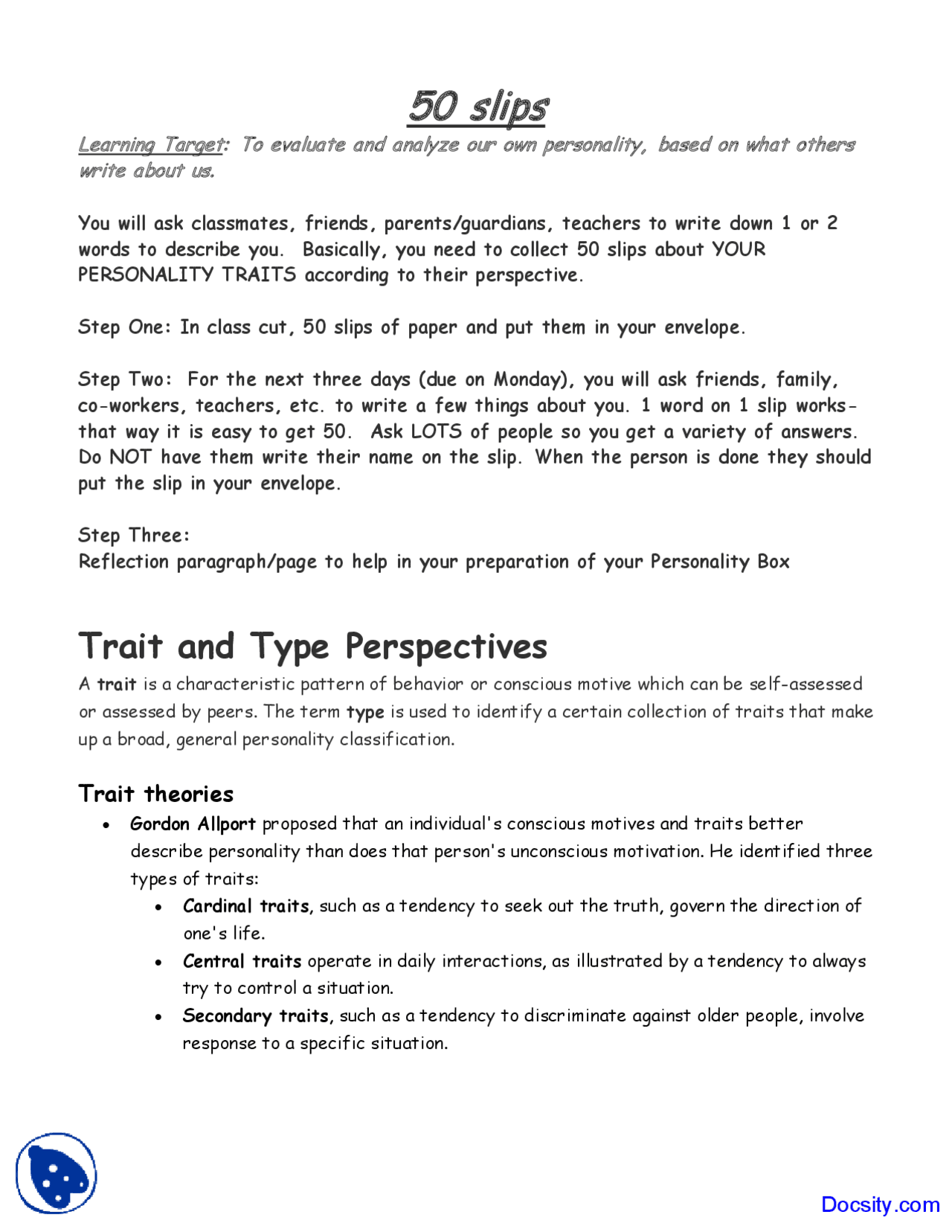 50 Slips Reflection Advanced Placement Psychology Lecture Notes