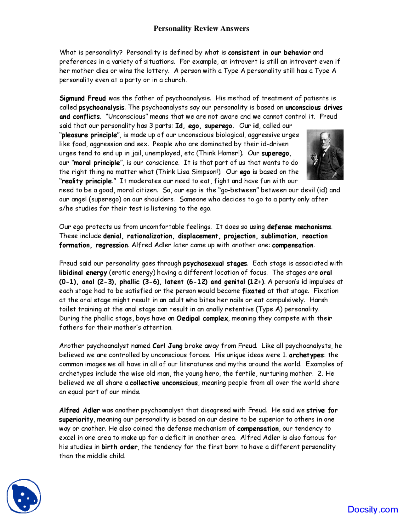 Personality Review - Advanced Placement Psychology - Solved Quiz - Docsity