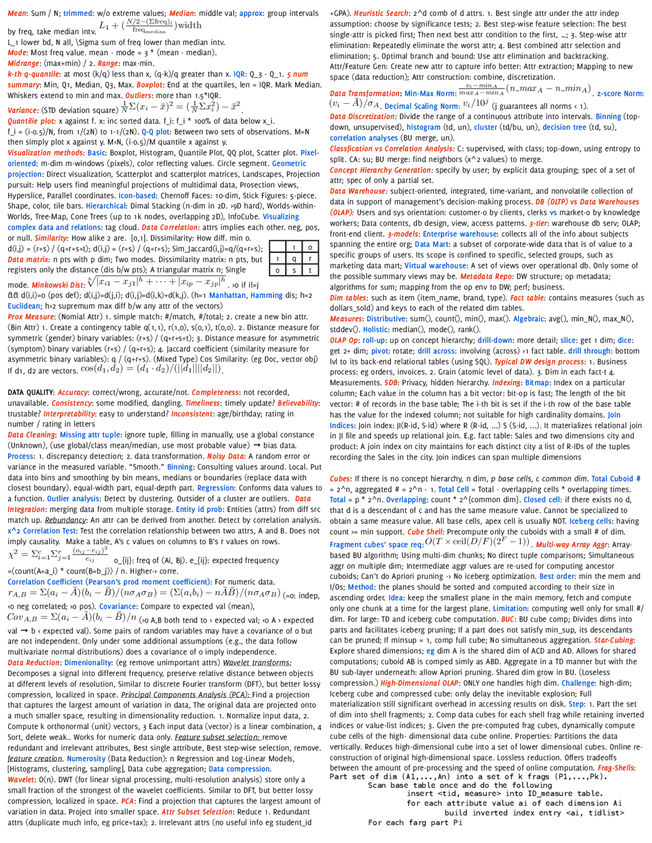 Cheat Sheet For Introduction To Data Mining Cs 412 Docsity