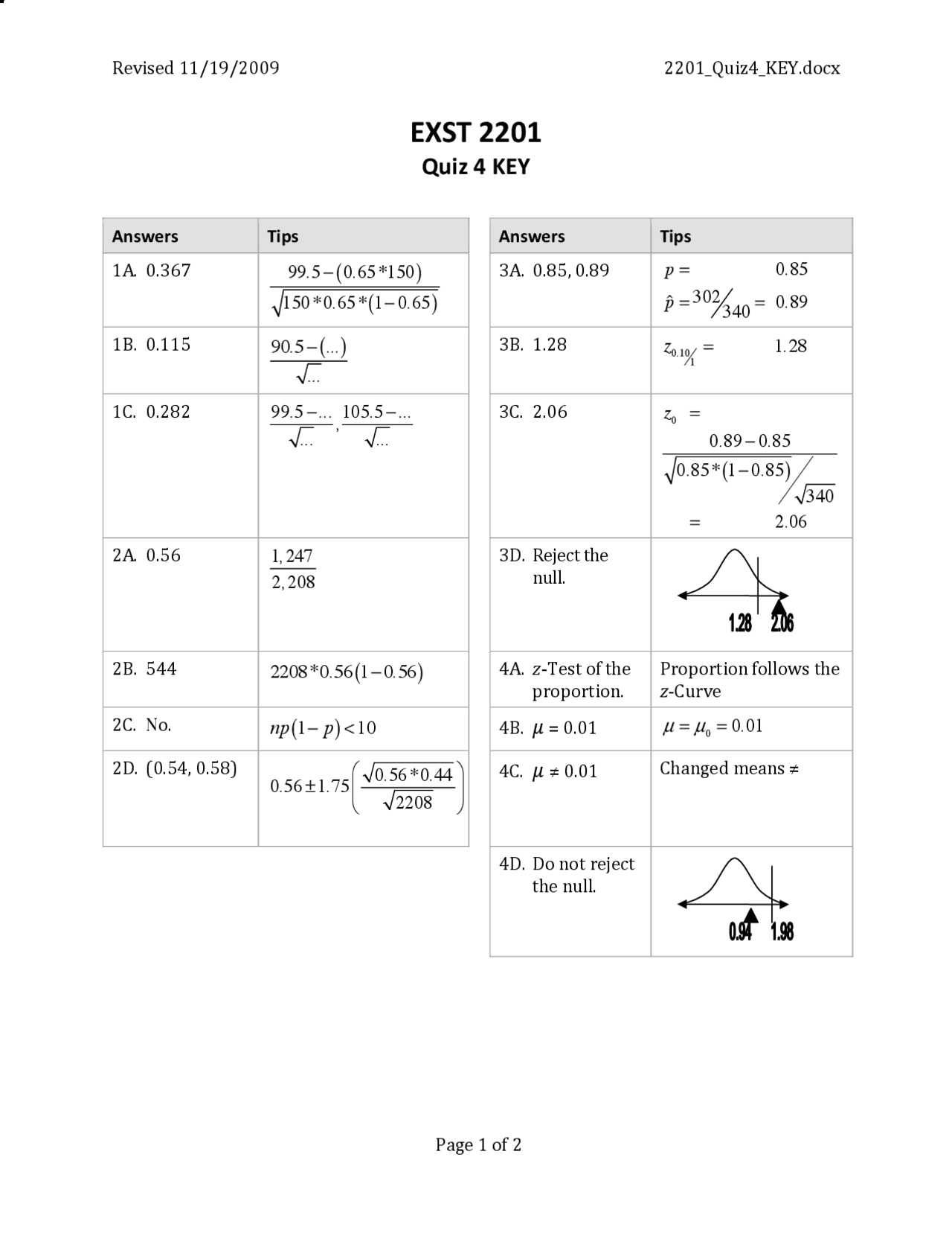 Quiz 4 Key Statistical Analysis Exst 2201 Docsity