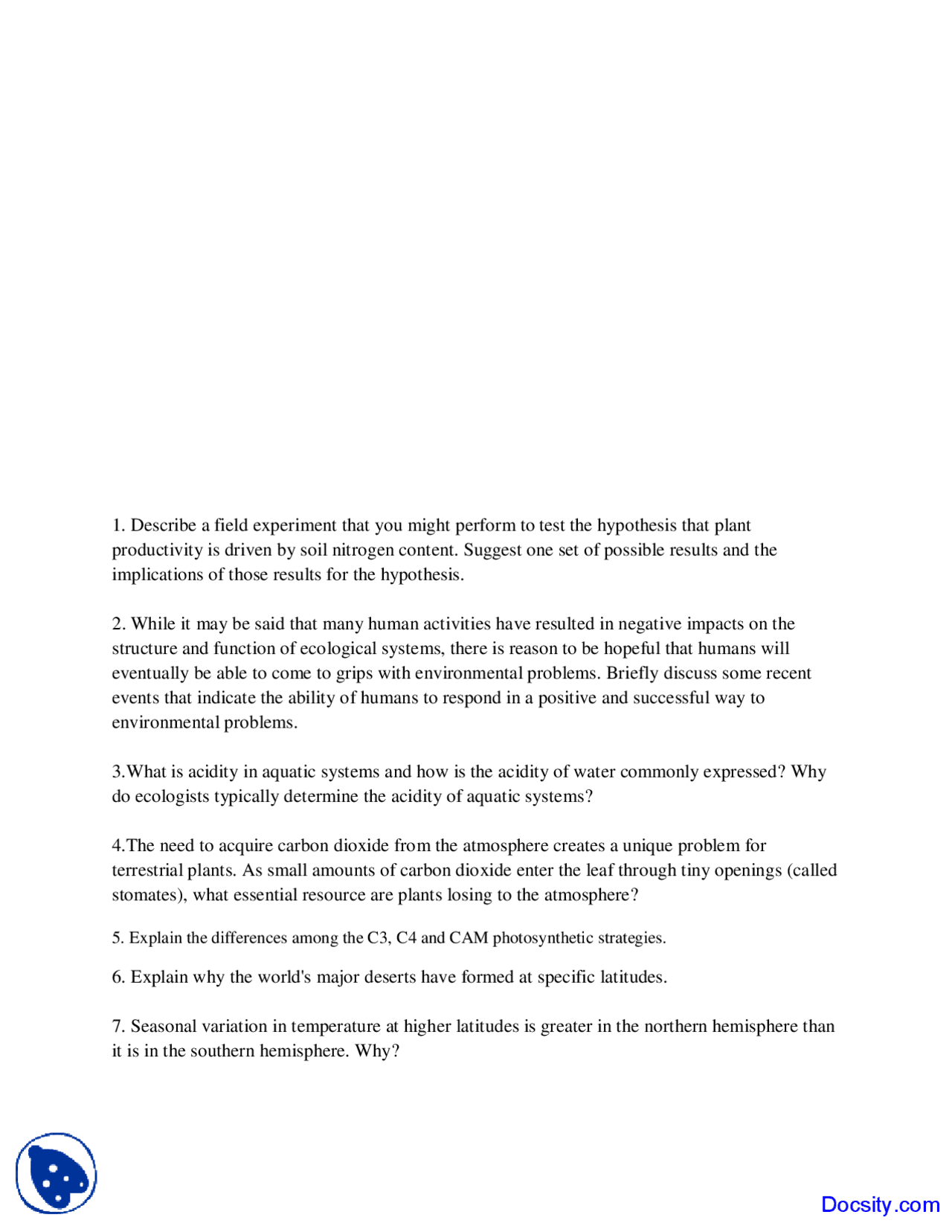 Soil Nitrogen Content - Principles of Ecology - Quiz - Docsity