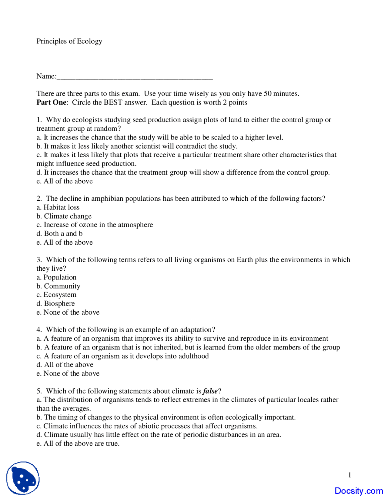 Seed Production - Principles of Ecology - Quiz | Exercises Ecology and ...