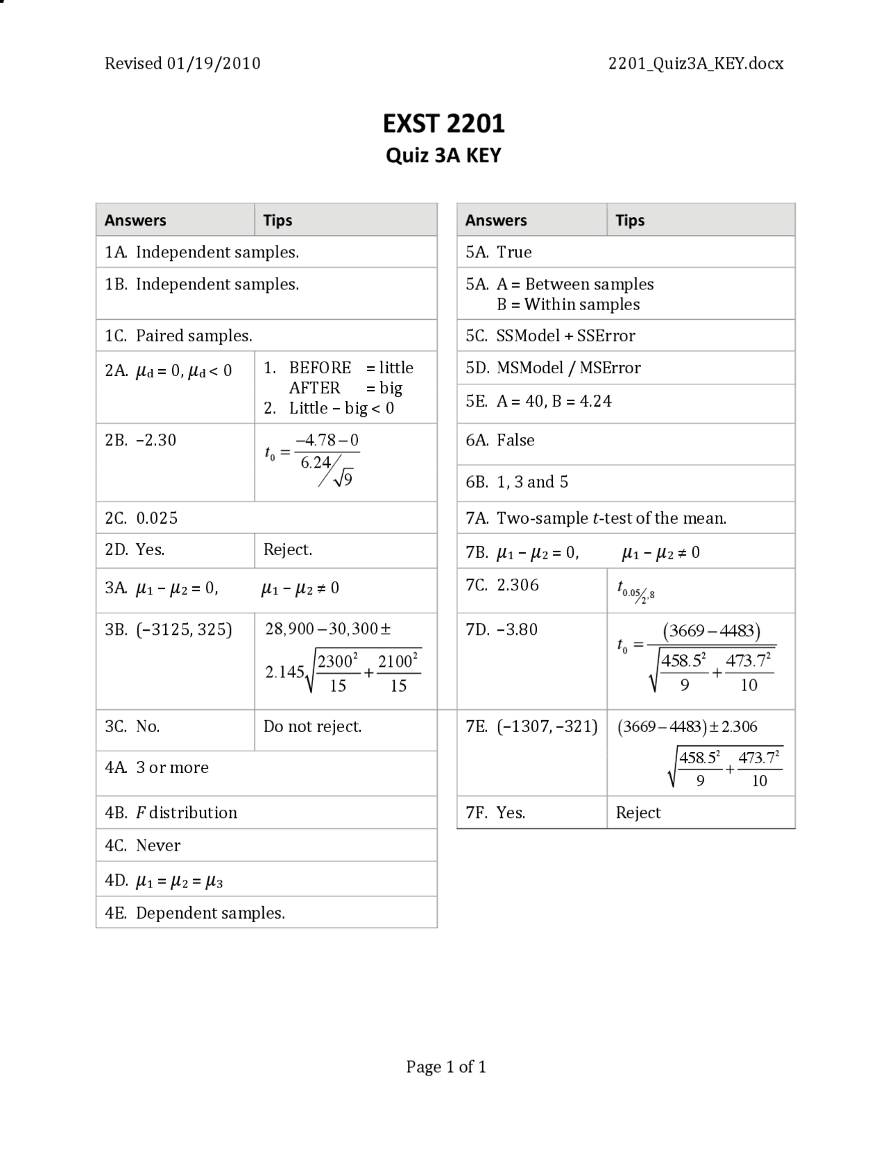 Quiz 3a Answers Key Statistical Analysis Exst 2201 Docsity