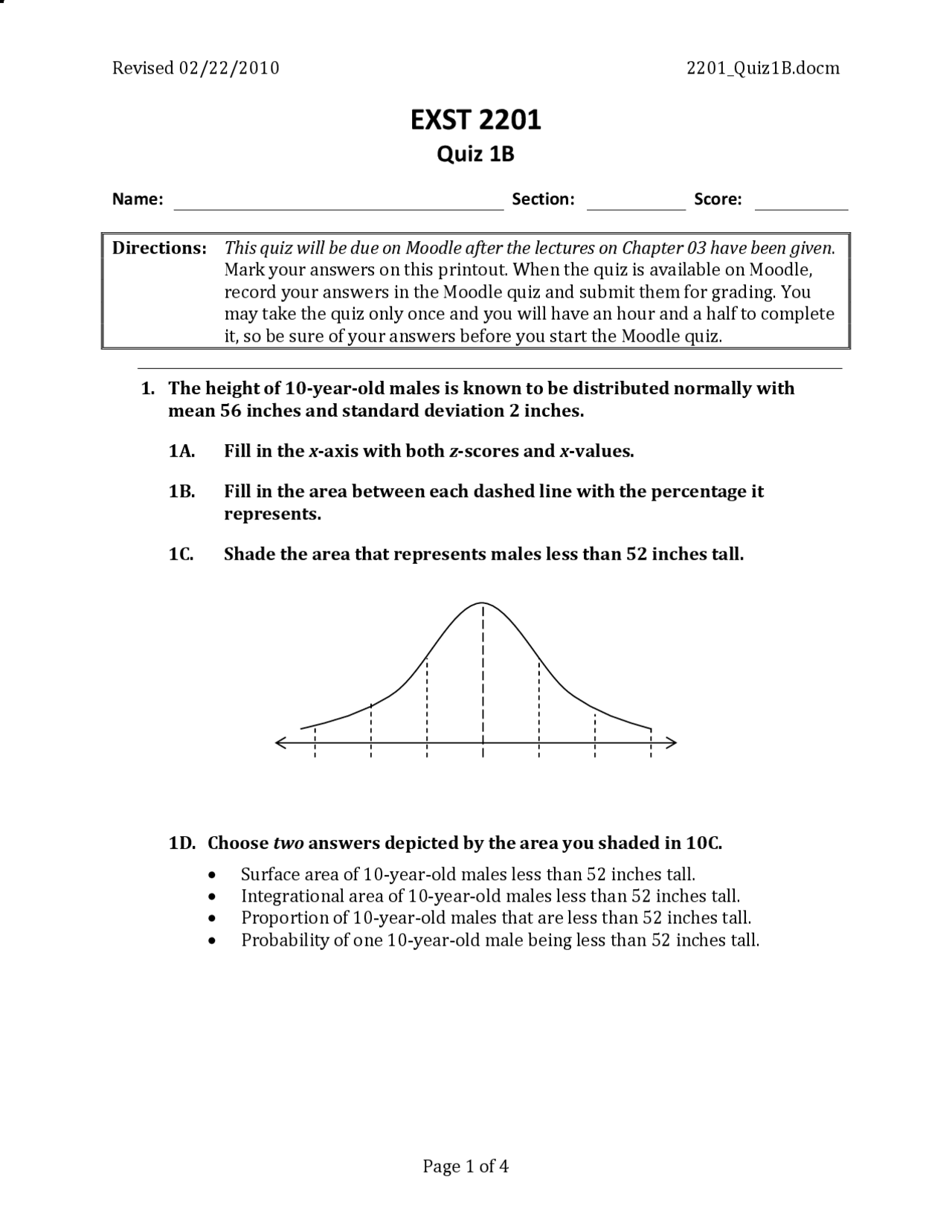 Quiz 1b Statistical Analysis Exst 2201 Quizzes Statistics Docsity