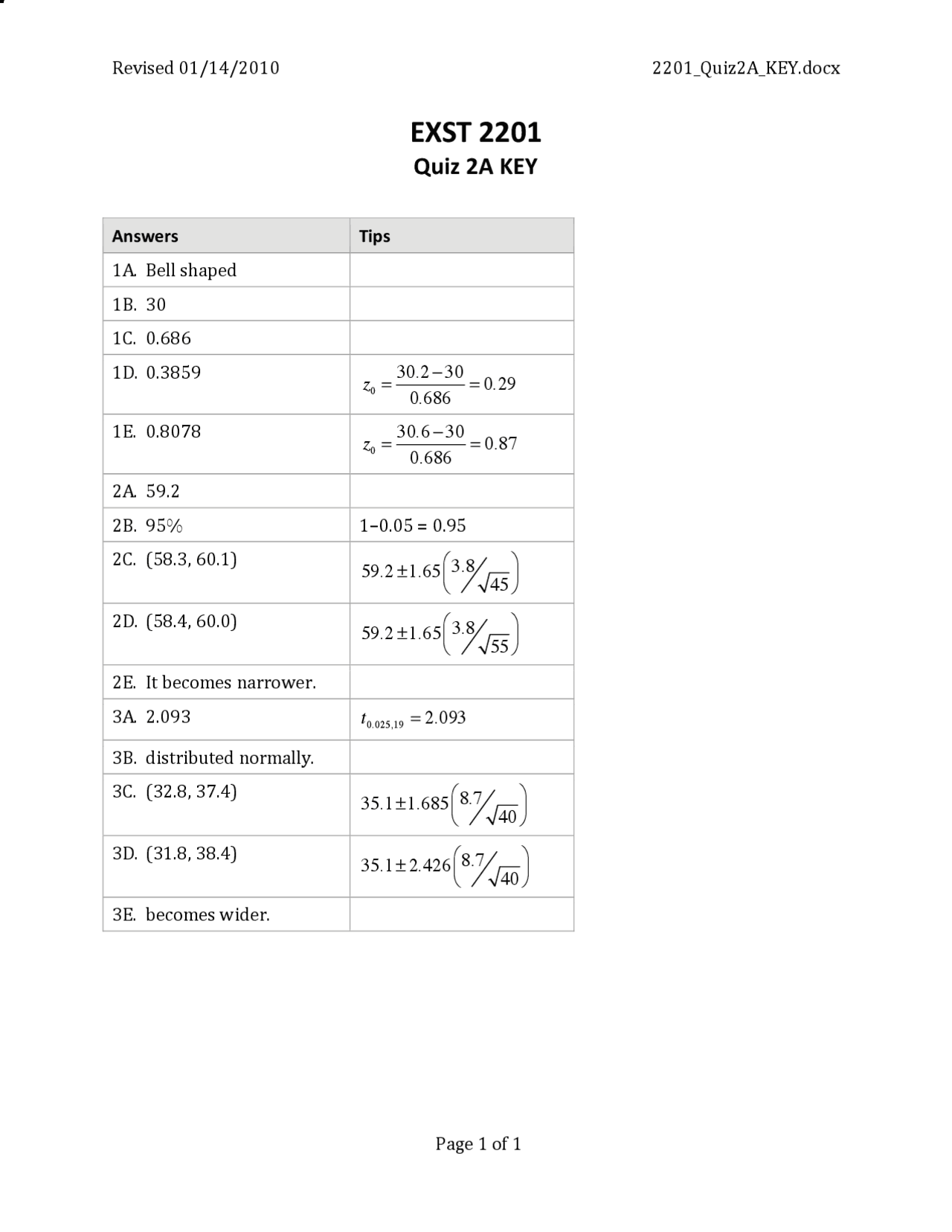 Quiz 2a Answers Key Statistical Analysis Exst 2201 Docsity