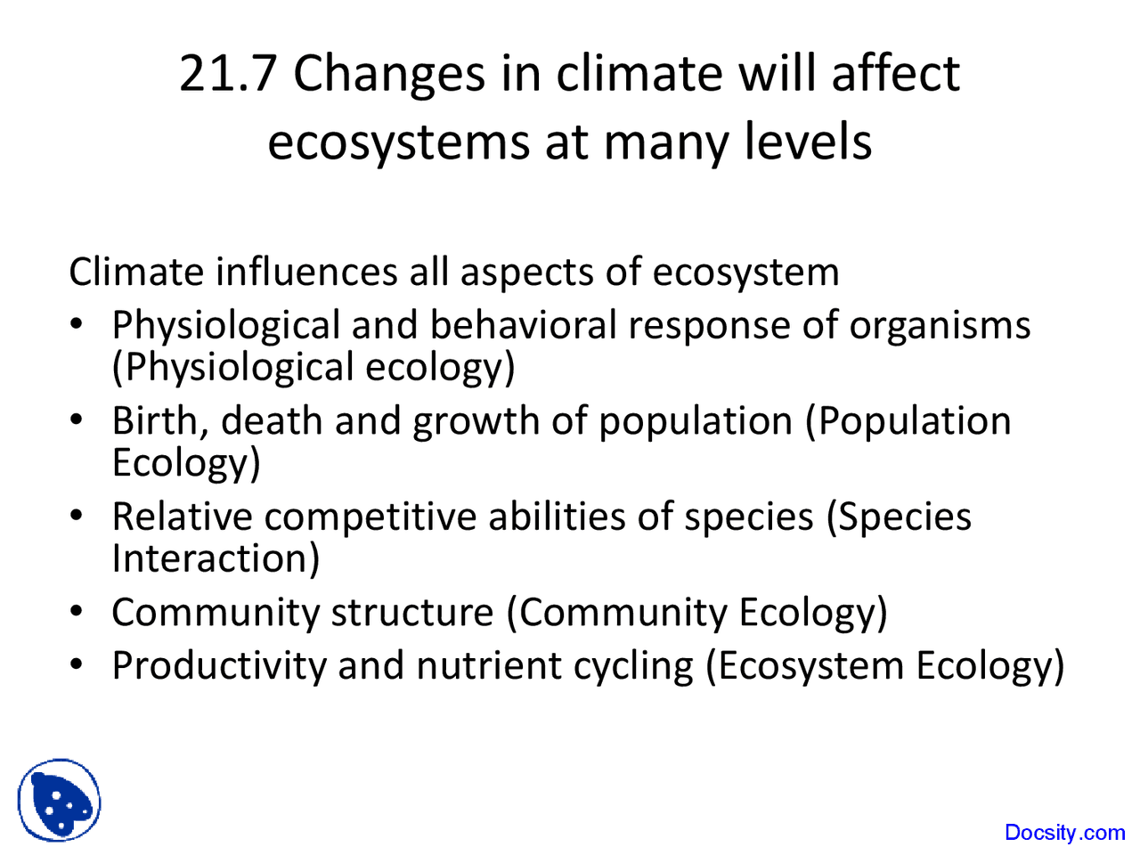 Changes in Climate - Principles of Ecology - Lecture Slides - Docsity
