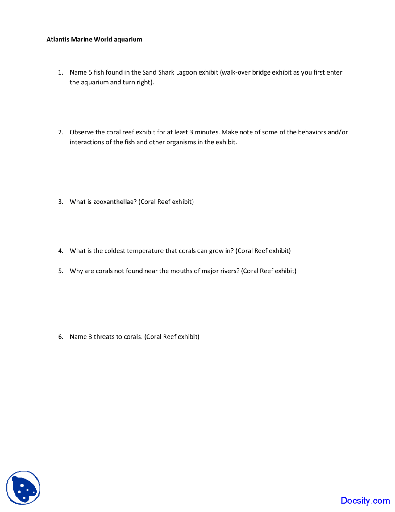 Aquarium Introduction To Oceanography Lab Docsity