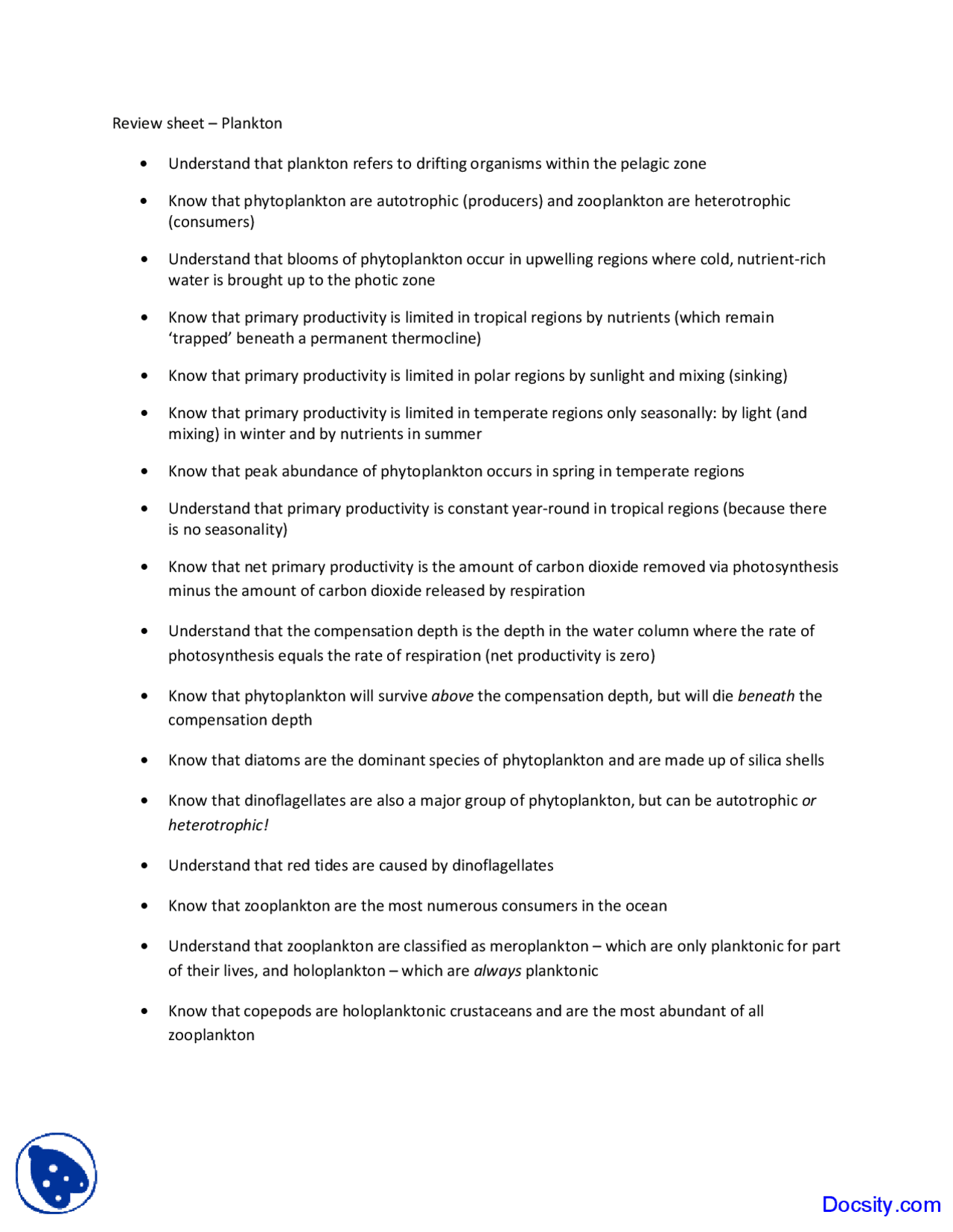 Plankton Introduction To Oceanography Review Sheet Docsity
