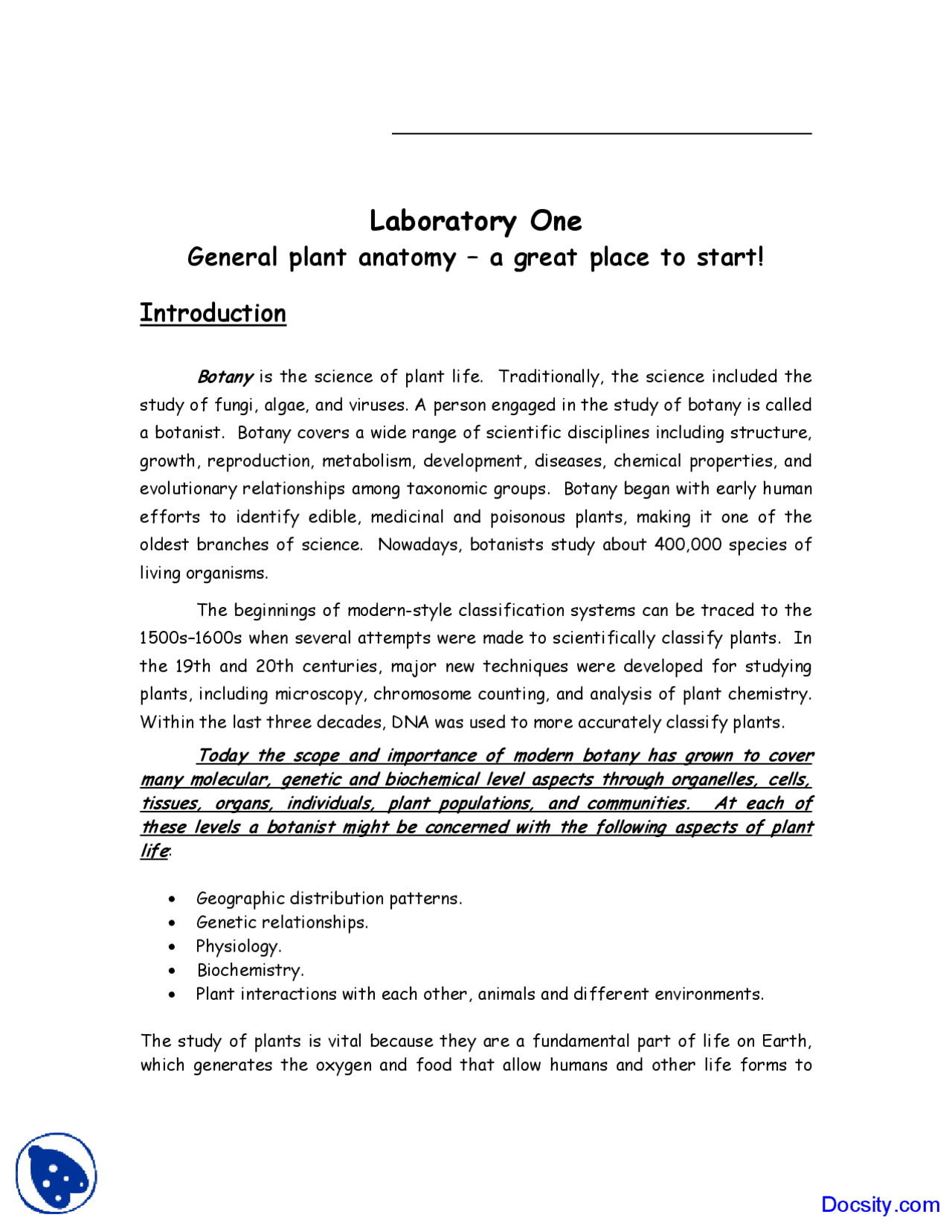 General Plant Anatomy - General Botany -Lab - Docsity