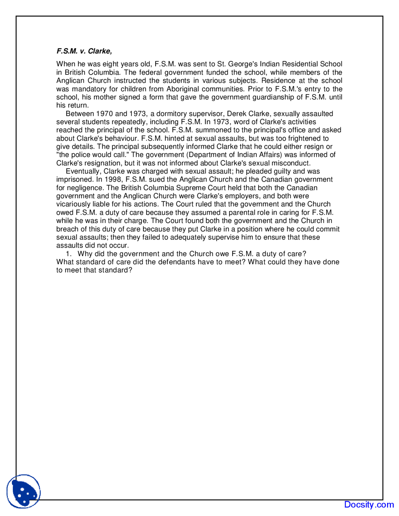 Fsm Vs Clarke Tort Law Lecture Notes Docsity