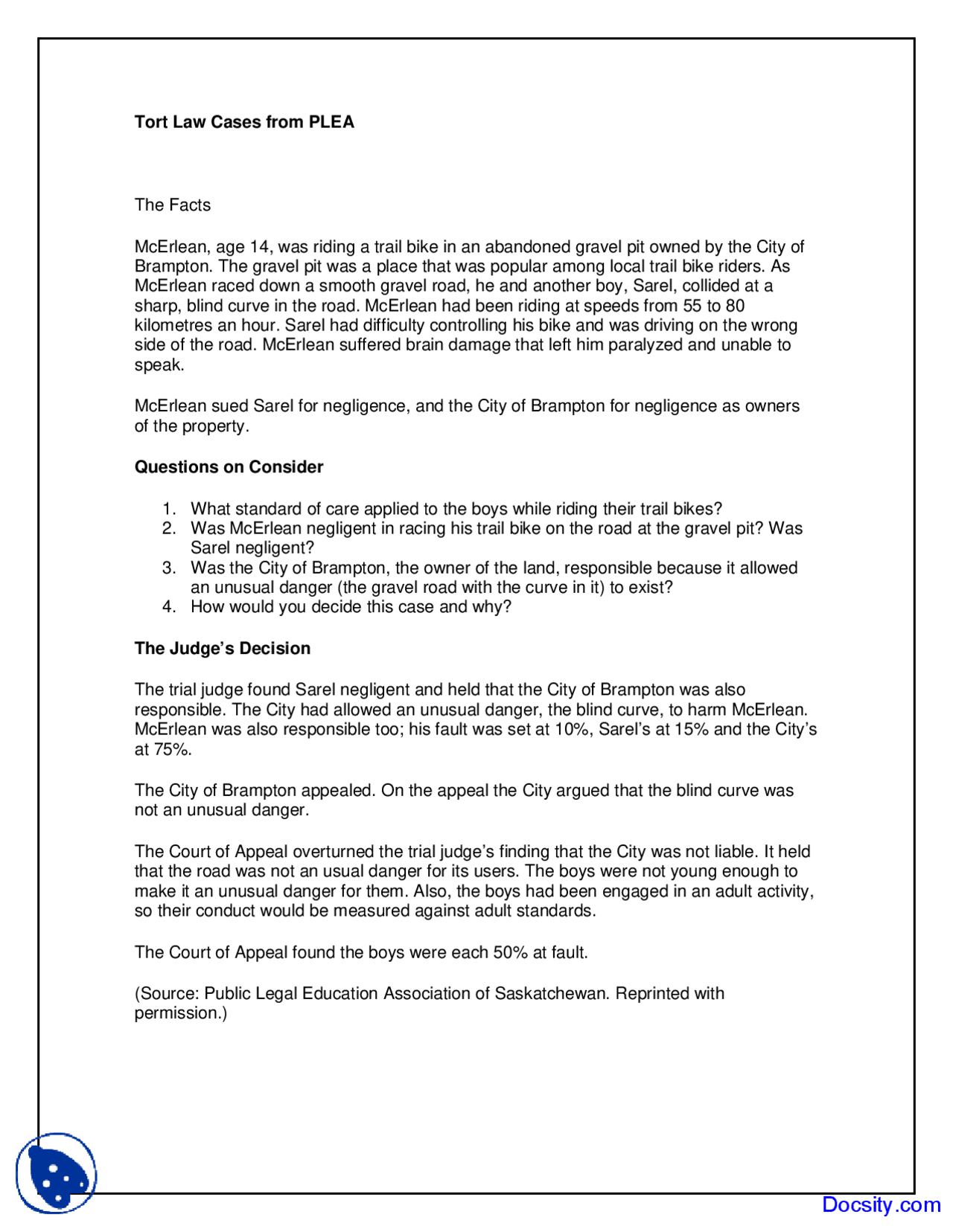 Tort Law Cases Tort Law Lecture Notes Docsity