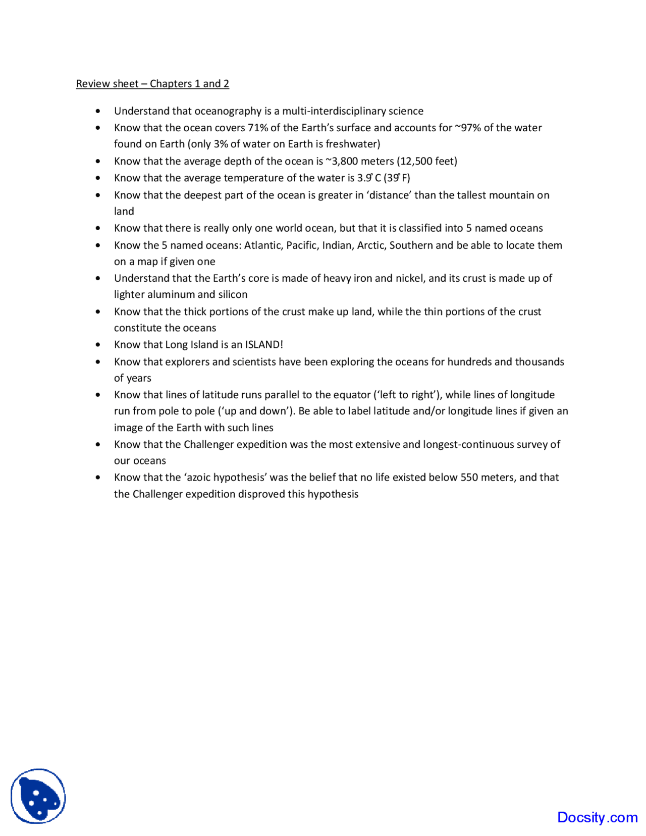 Oceanography Introduction To Oceanography Review Sheet Docsity