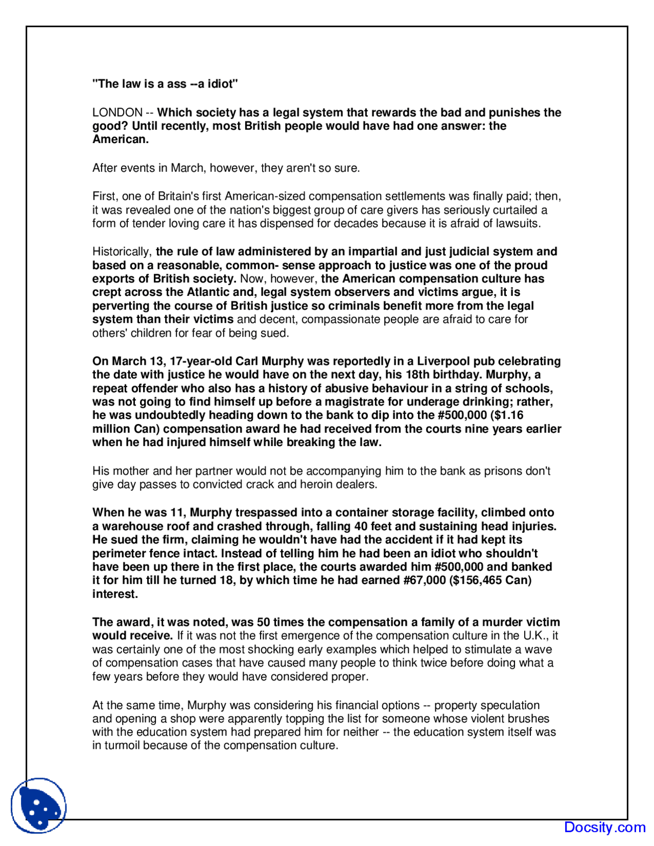 Law Is A Ass Tort Law Lecture Notes Docsity