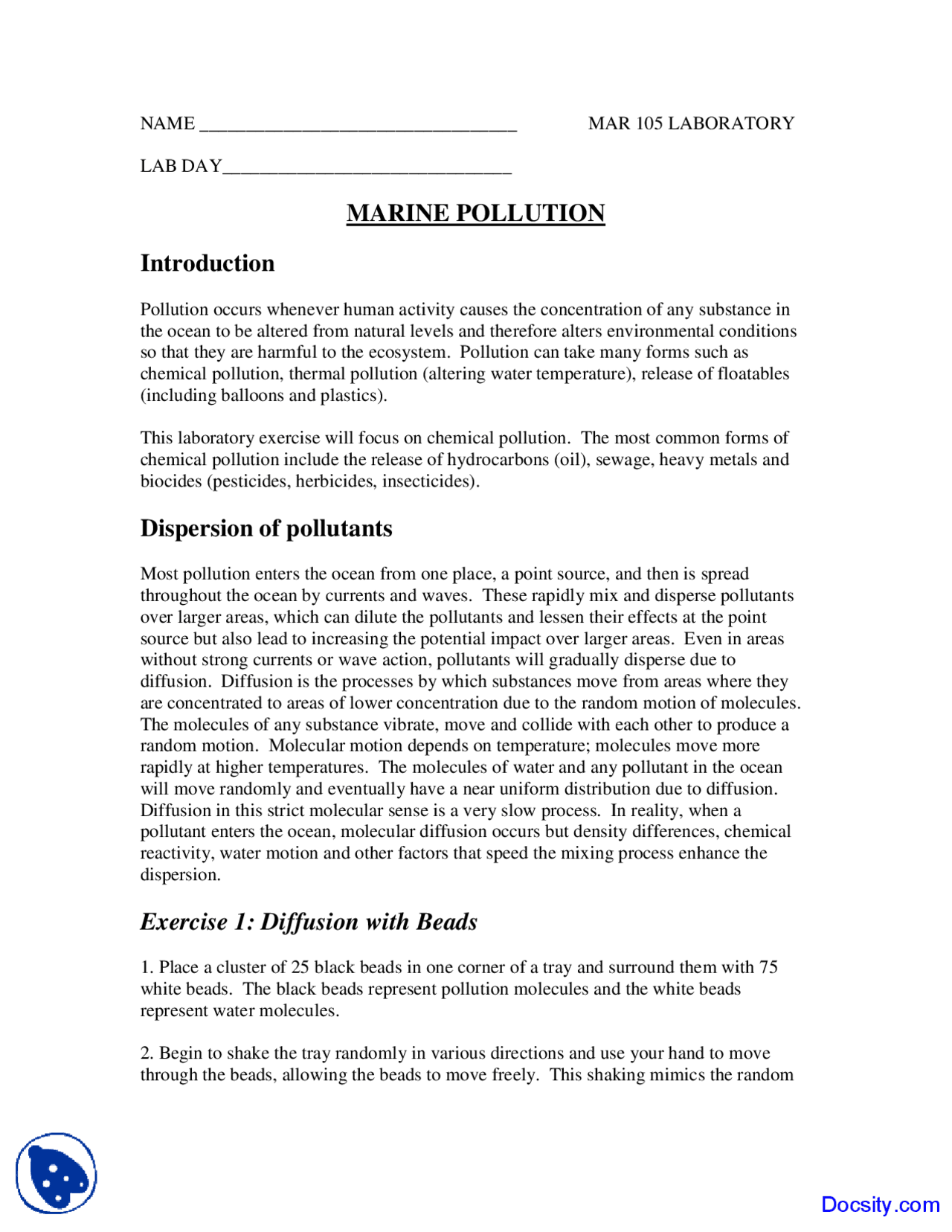 Atlantis Marine World Introduction To Oceanography Lab Docsity