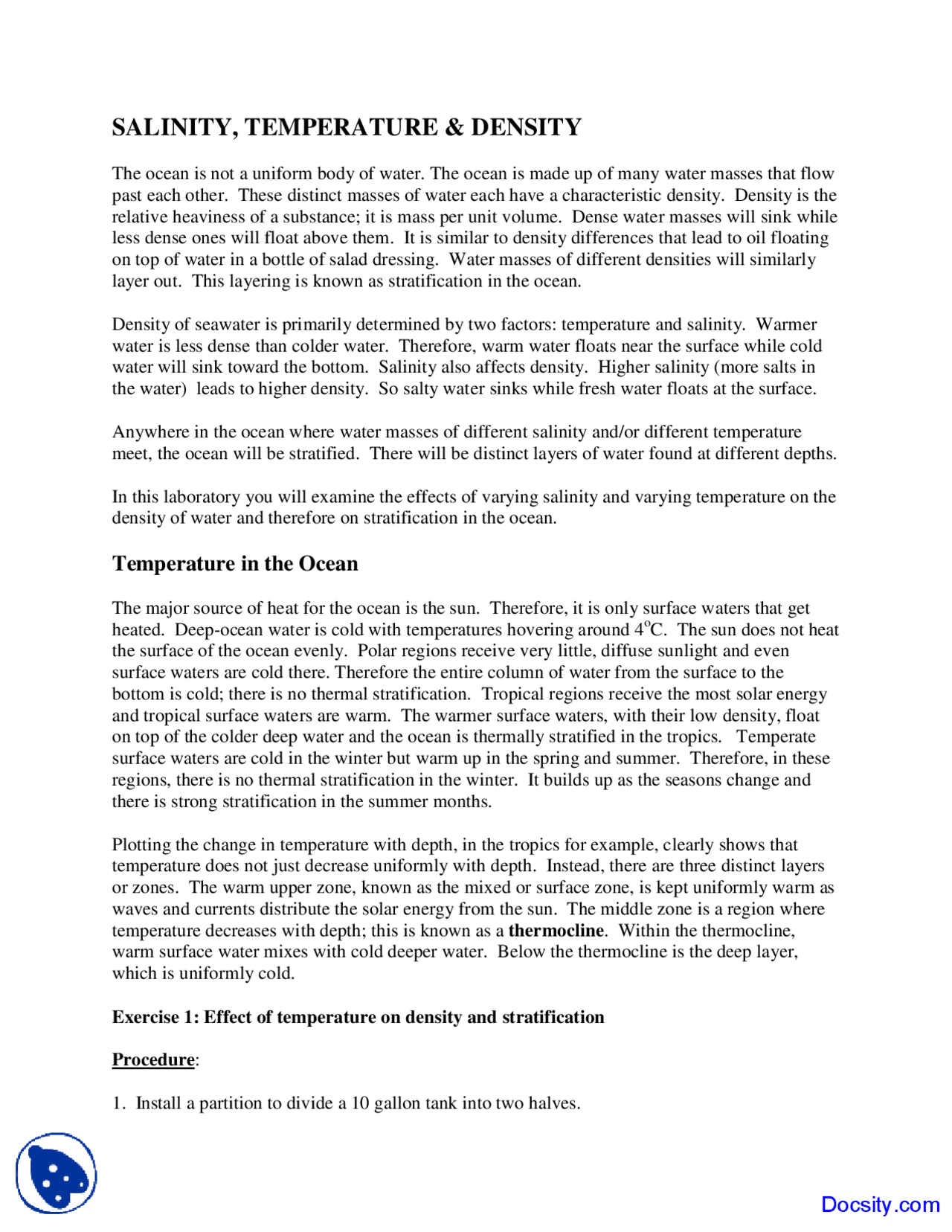 Salinity Temperature and Density - Introduction to Oceanography - Lab ...