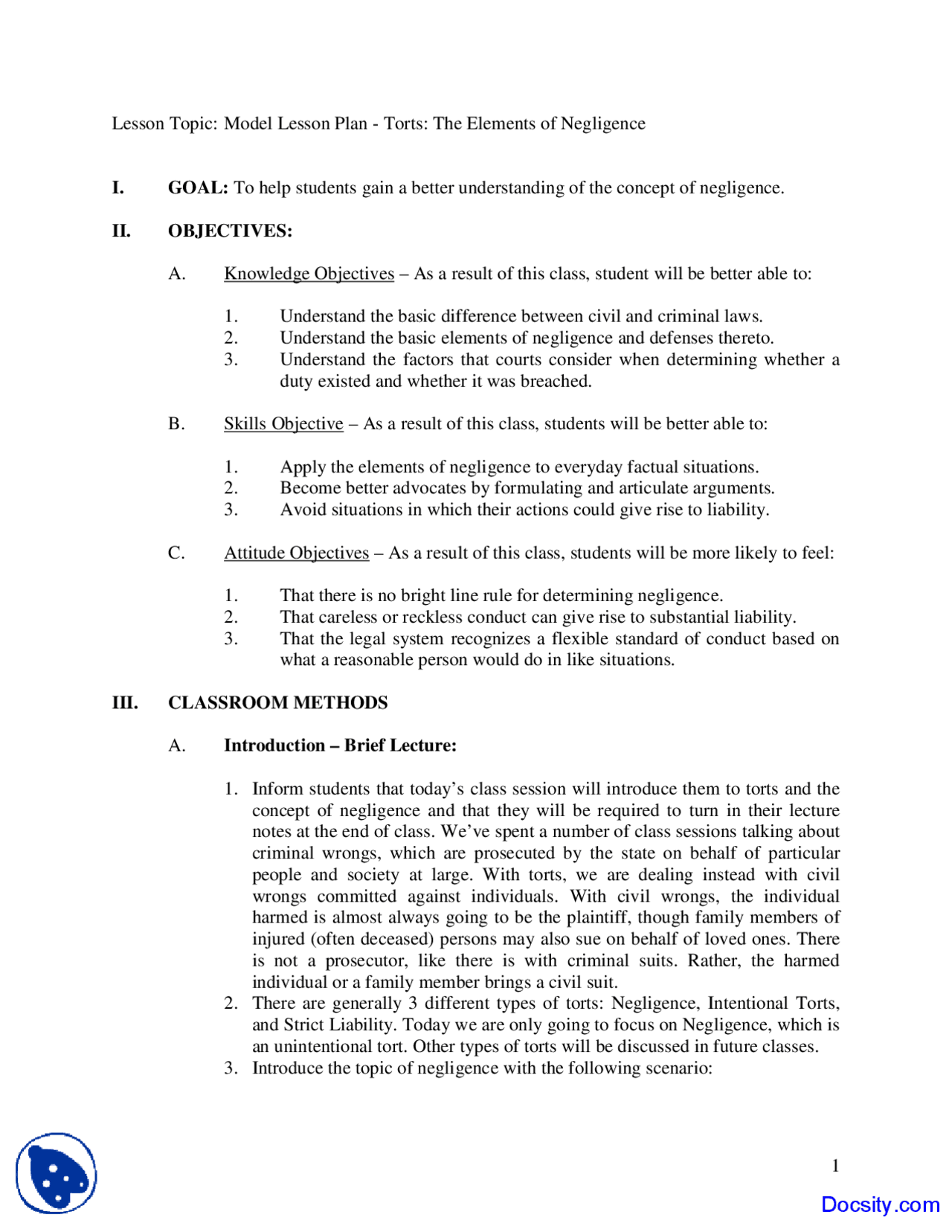 Negligence Tort Law Lecture Notes Docsity