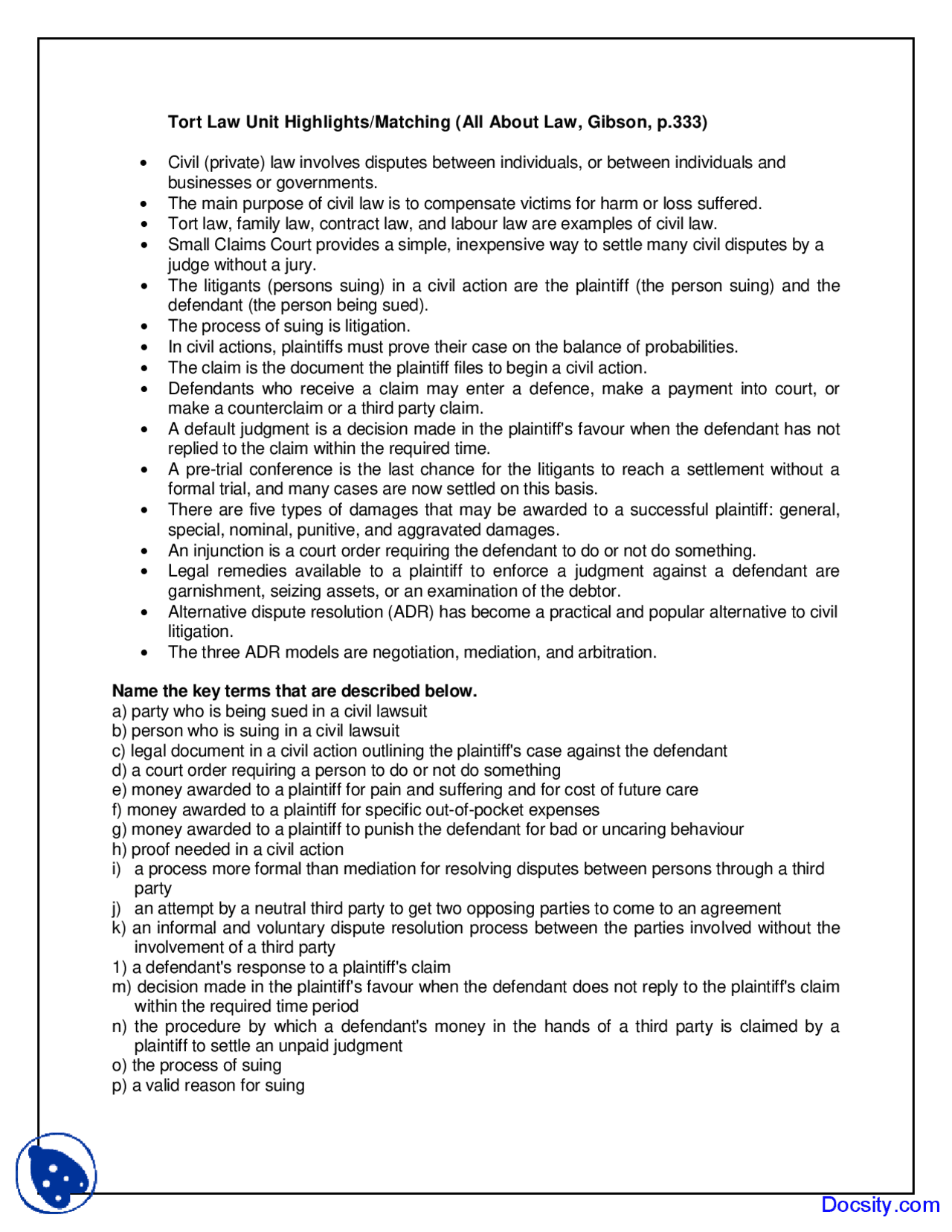 Tort Law Unit Highlights Tort Law Lecture Notes Docsity