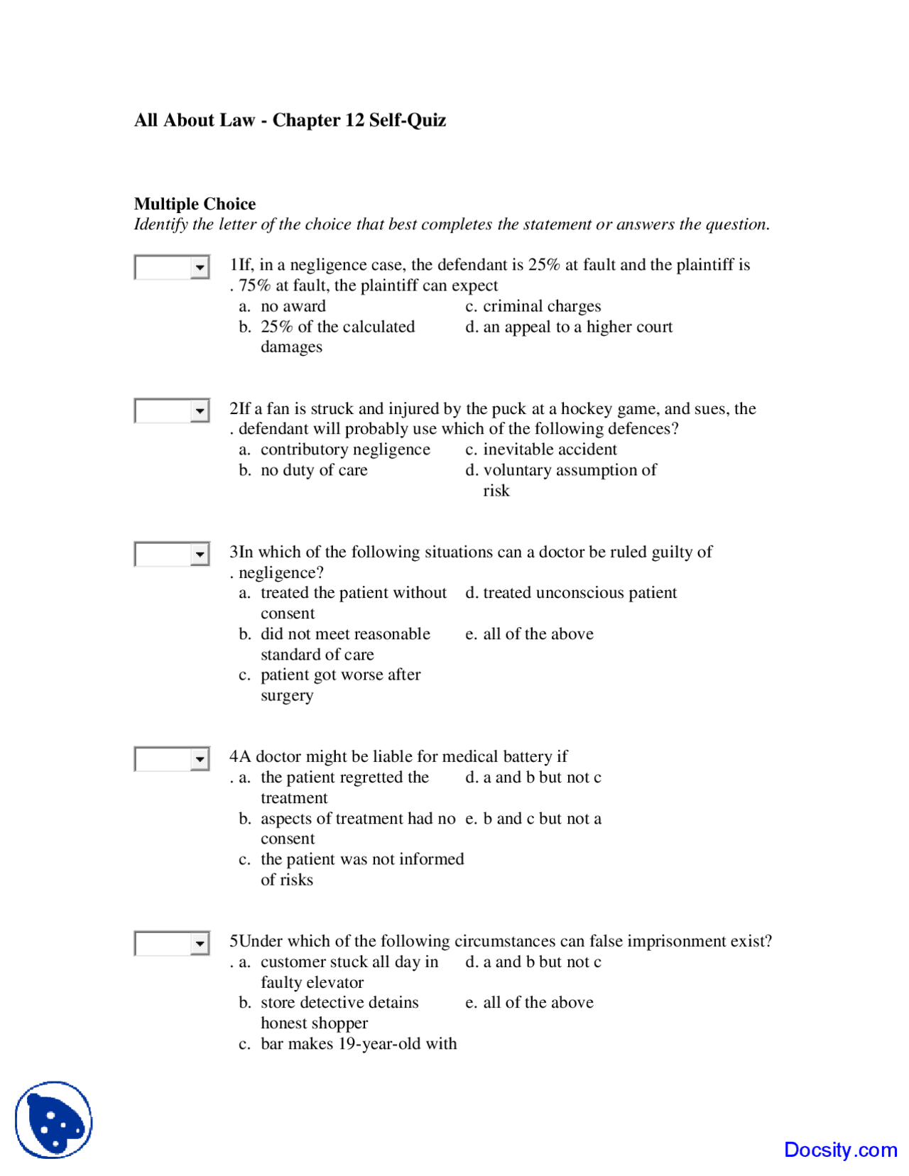 Defendant - Tort Law - Answer Key - Docsity
