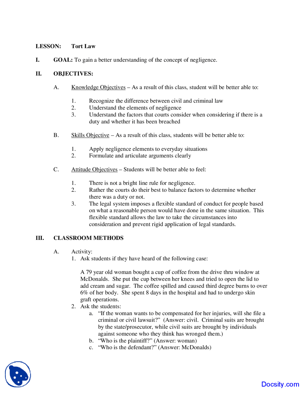 Negligence Torts Tort Law Lecture Notes Docsity