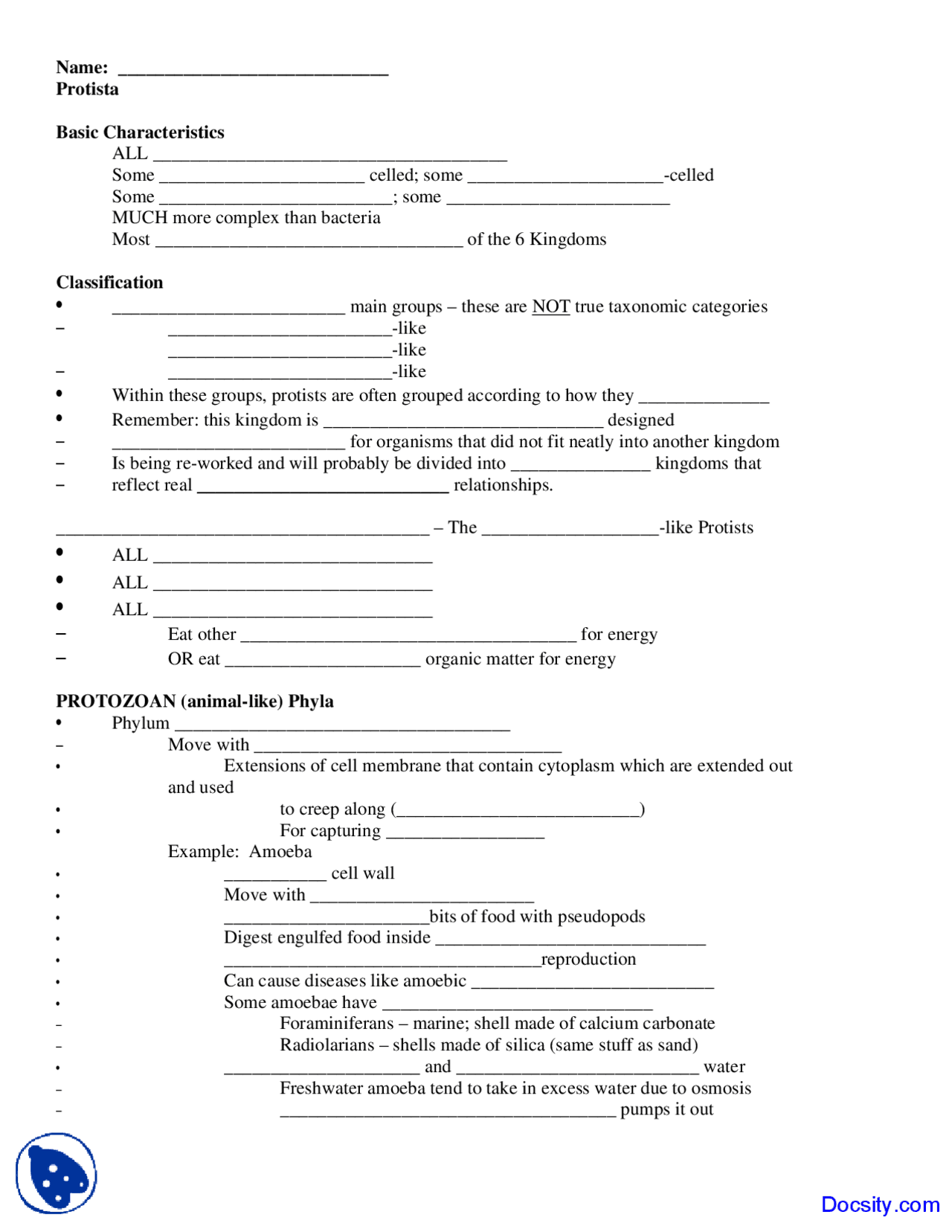 Protista - Introductory Biology - Quiz - Docsity