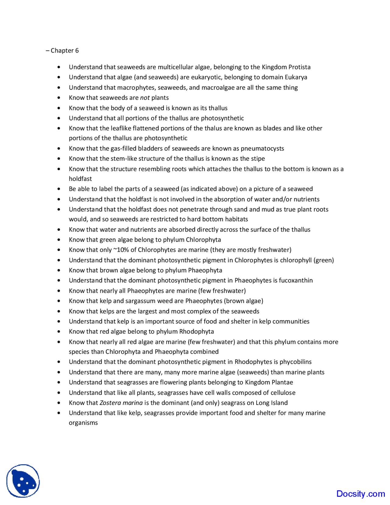 Multicellular Algae - Marine Biology - Notes - Docsity