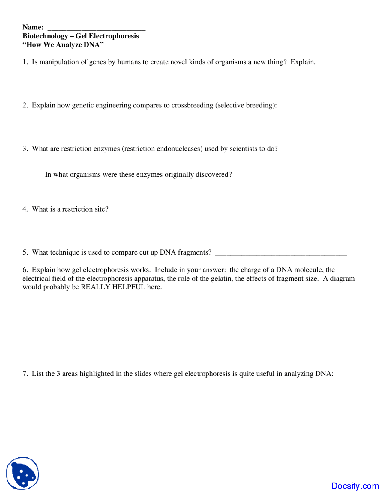 Gel Electrophoresis - Introductory Biology - Quiz - Docsity