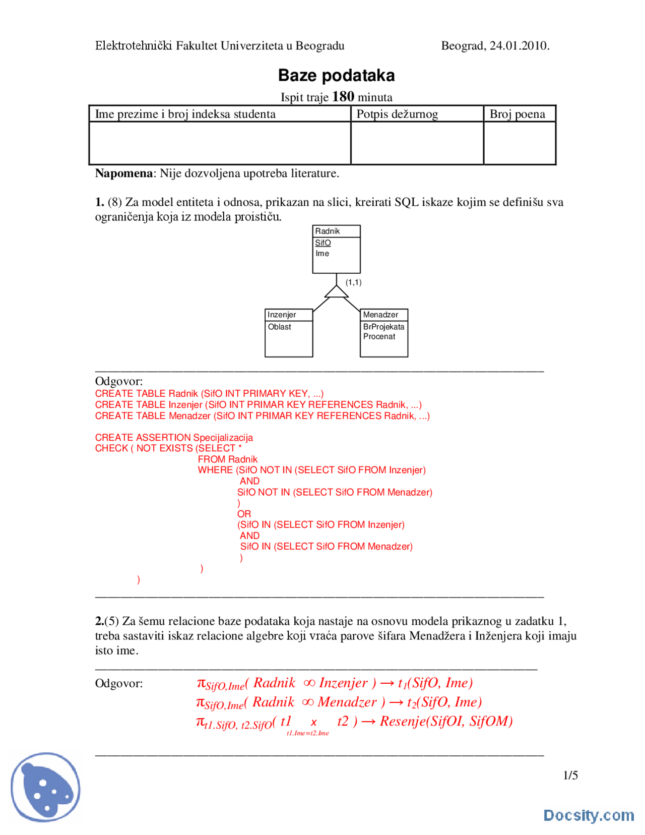 Baze podataka-ispiti-Elektrotehnicki fakultetResenja24012010 | Ispiti' predlog Baze podataka ...