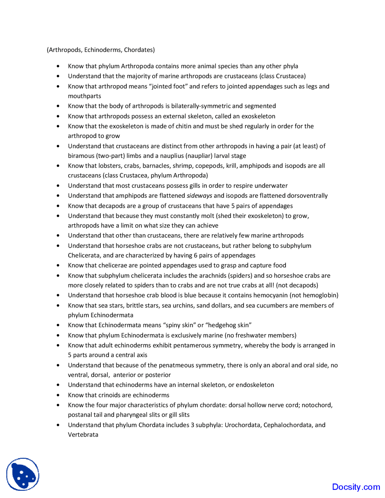 Arthropods, Echinoderms, Chordates - Marine Biology - Notes - Docsity