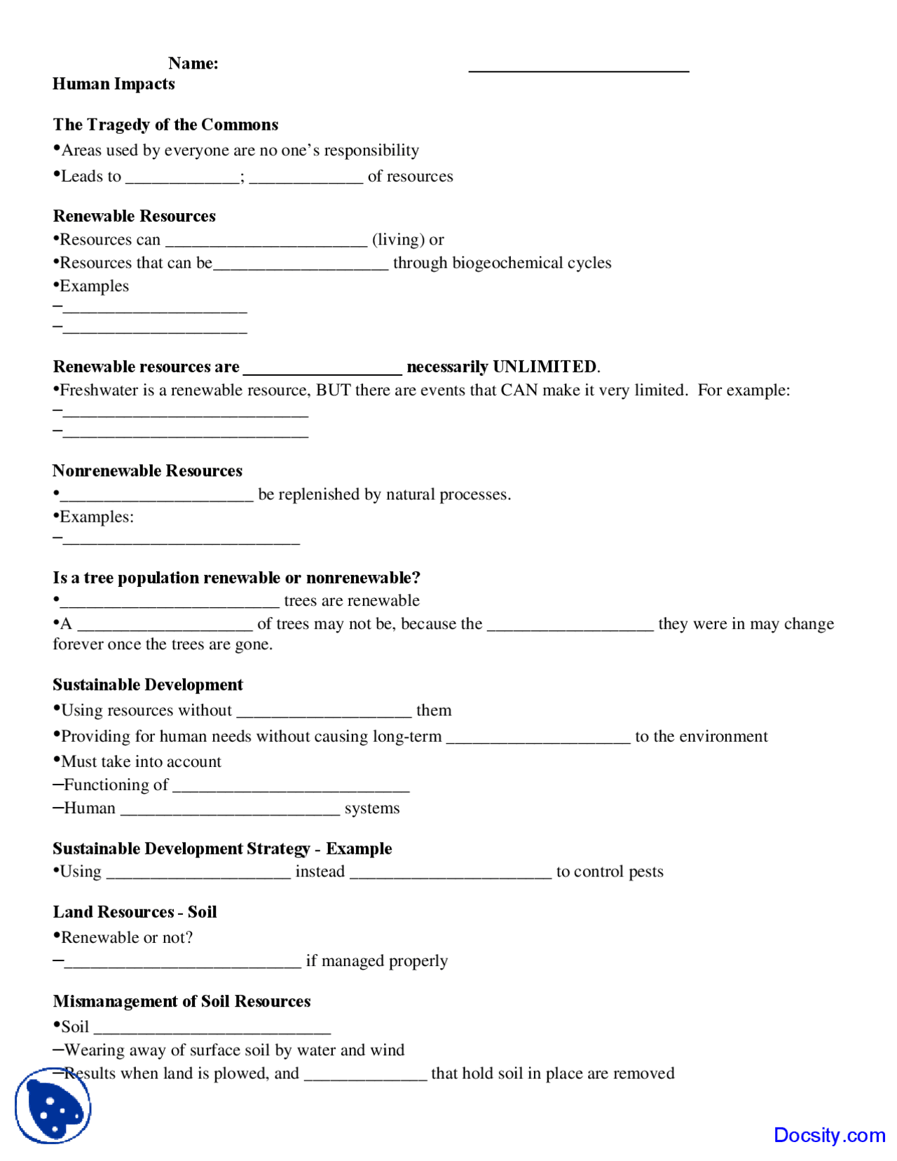 Human Impacts - Introductory Biology - Quiz - Docsity