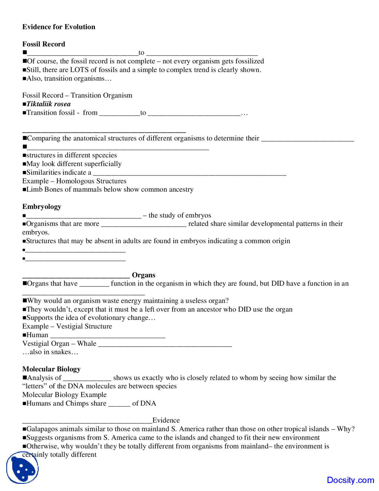 Evidence for Evolution - Introductory Biology - Quiz | Exercises ...
