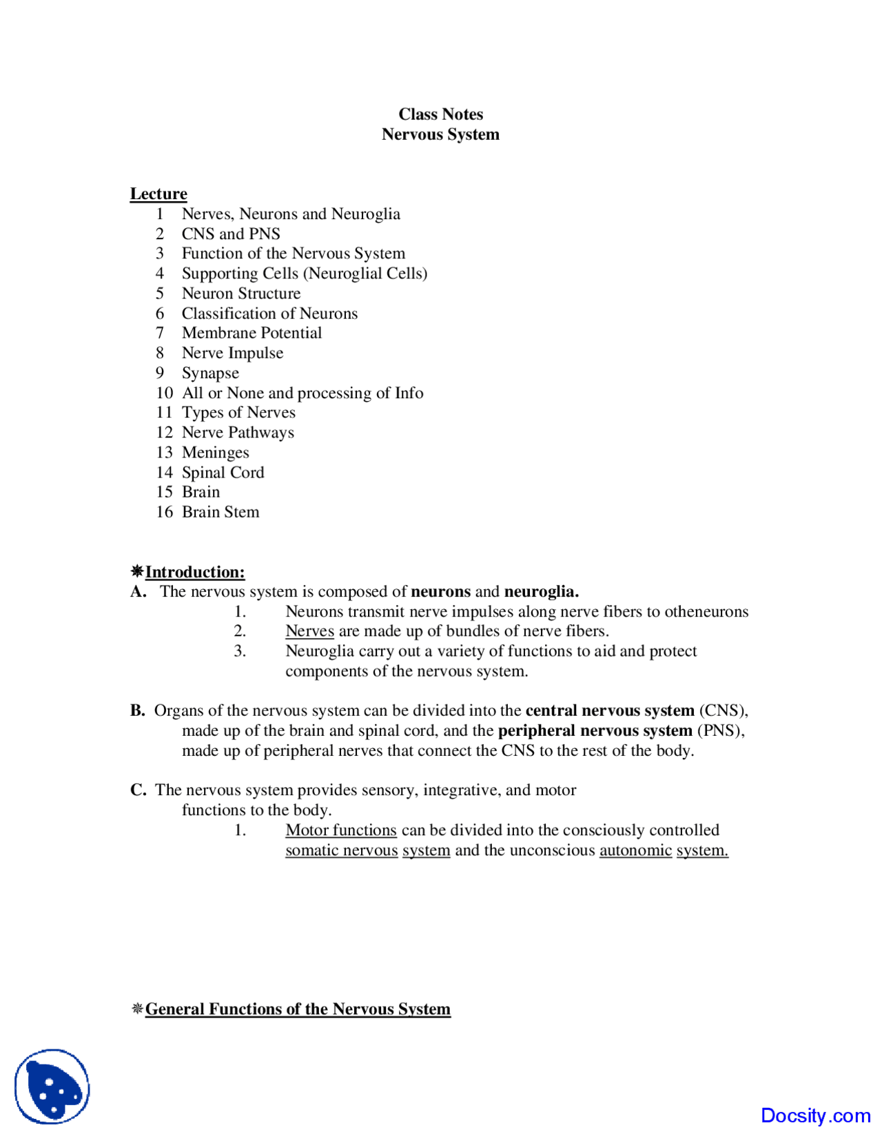 Nervous System - Physiology and Anatomy - Lecture Notes | Study notes ...