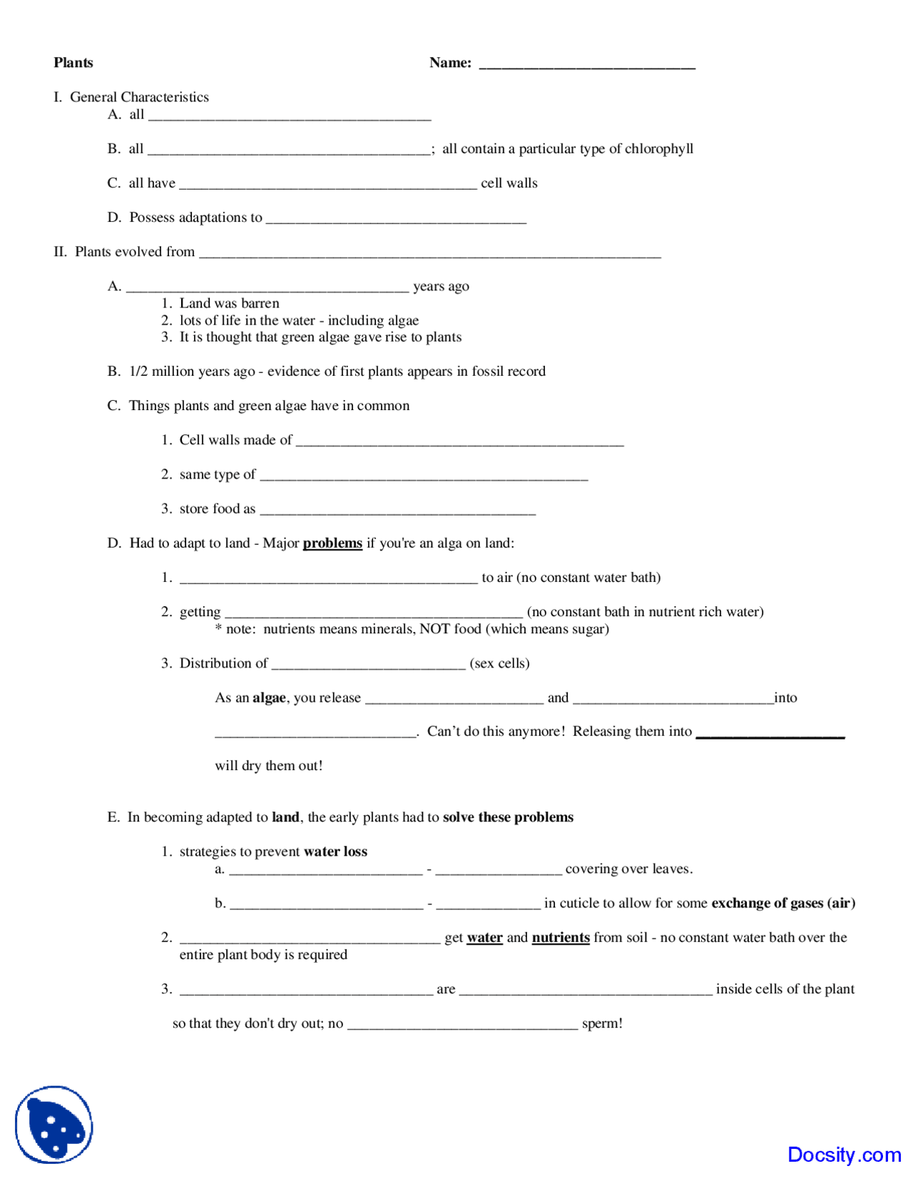 Plants - Introductory Biology - Quiz - Docsity