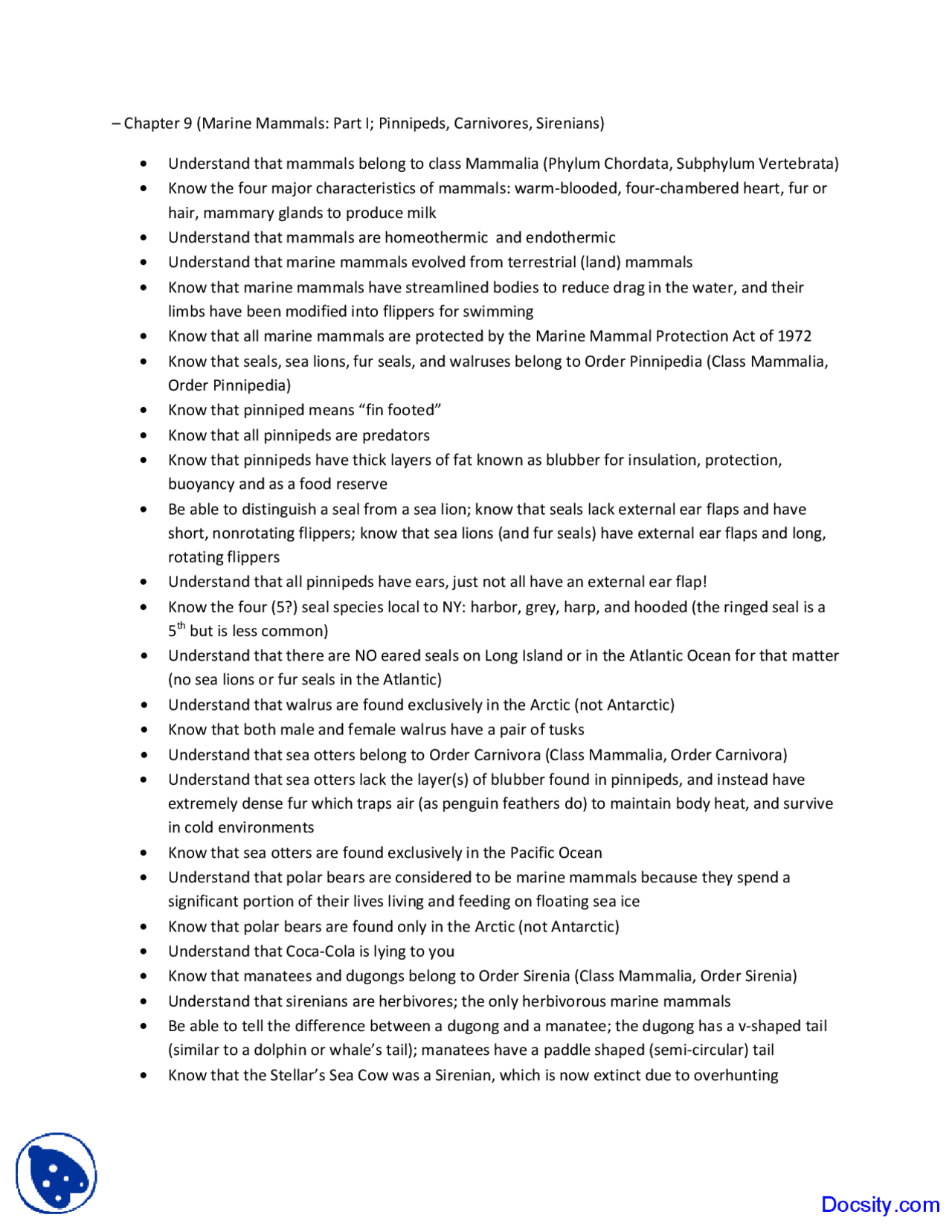 Marine Mammals - Marine Biology - Notes | Study notes Biology | Docsity
