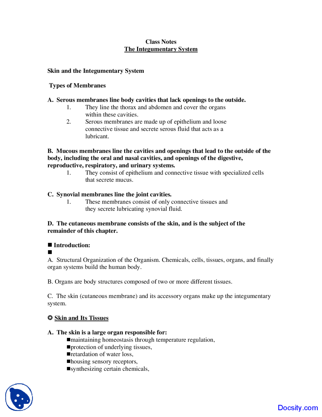 Integumentary System Physiology And Anatomy Lecture Notes Study