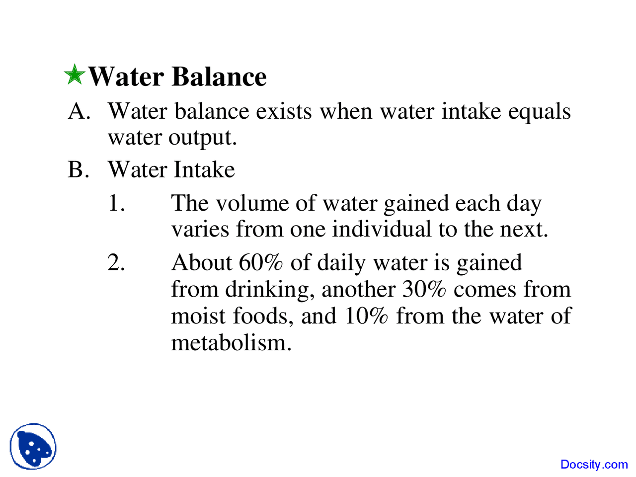 Water Balance - Physiology and Anatomy - Lecture Slides - Docsity