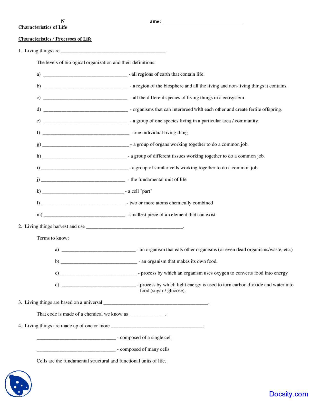 Characteristics Of Life Introductory Biology Quiz Docsity