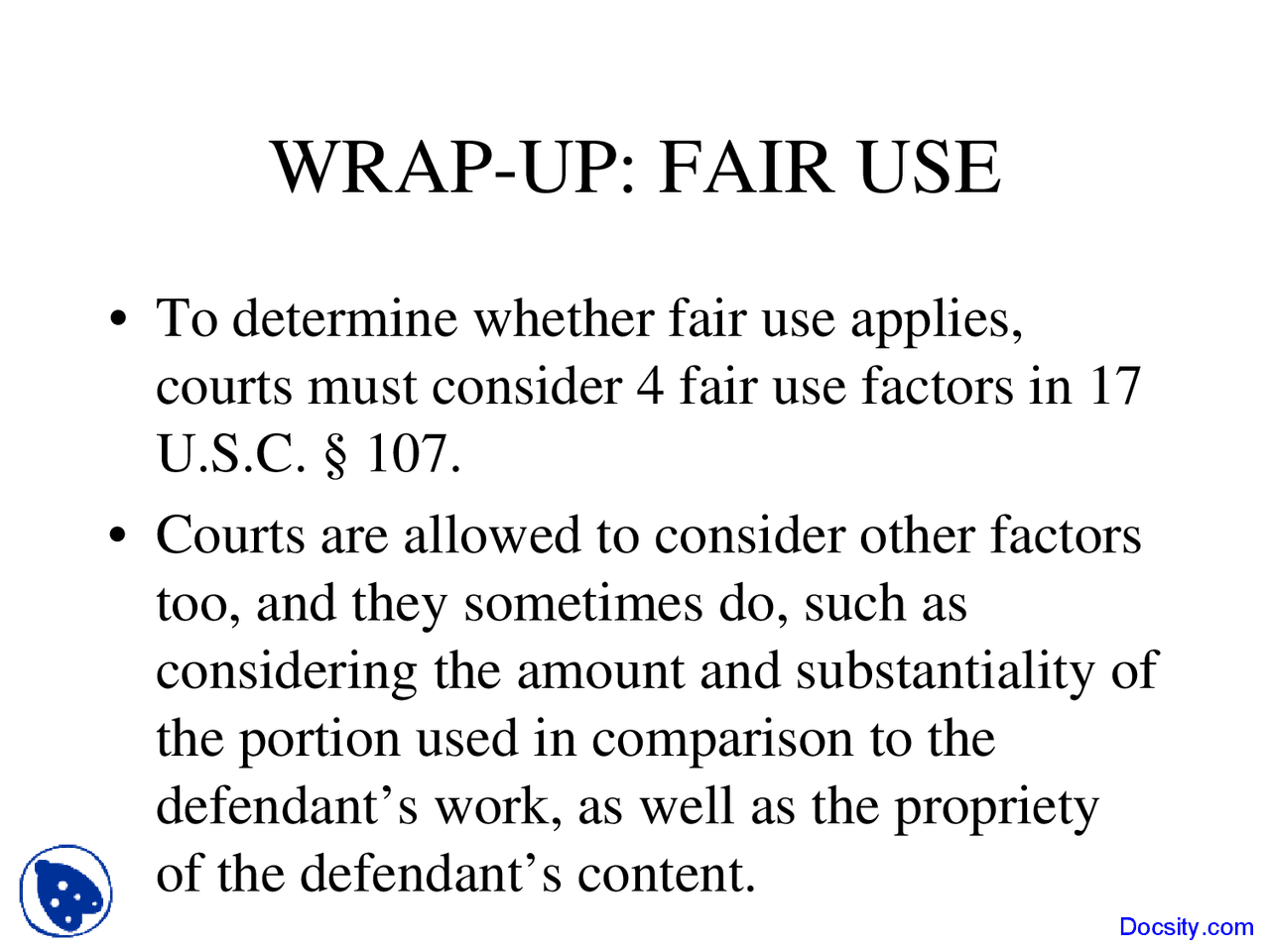 Fair Use Factors - Copyright Law - Lecture Slides - Docsity