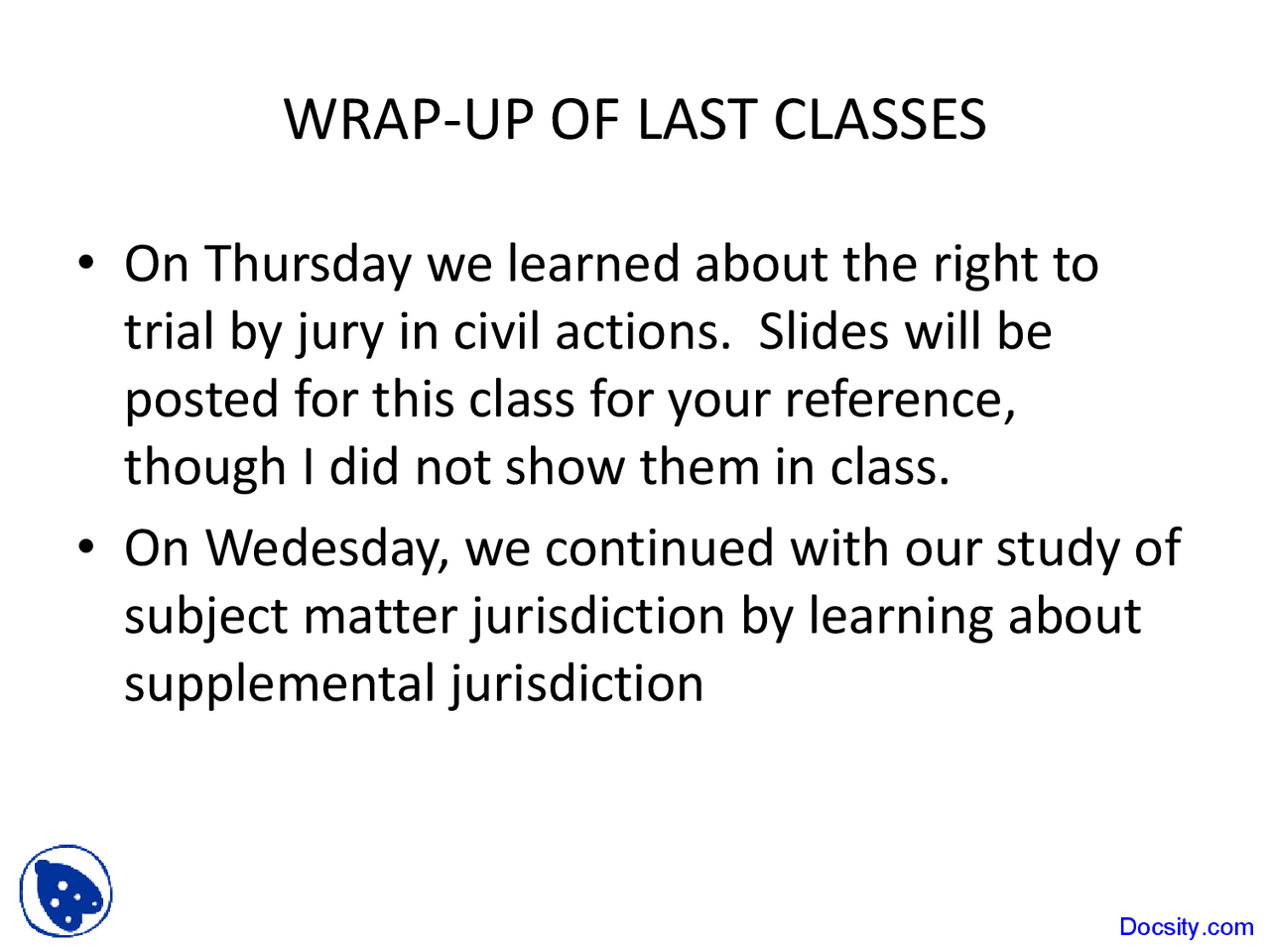 Supplemental Jurisdiction Civil Procedure Lecture Slides Docsity