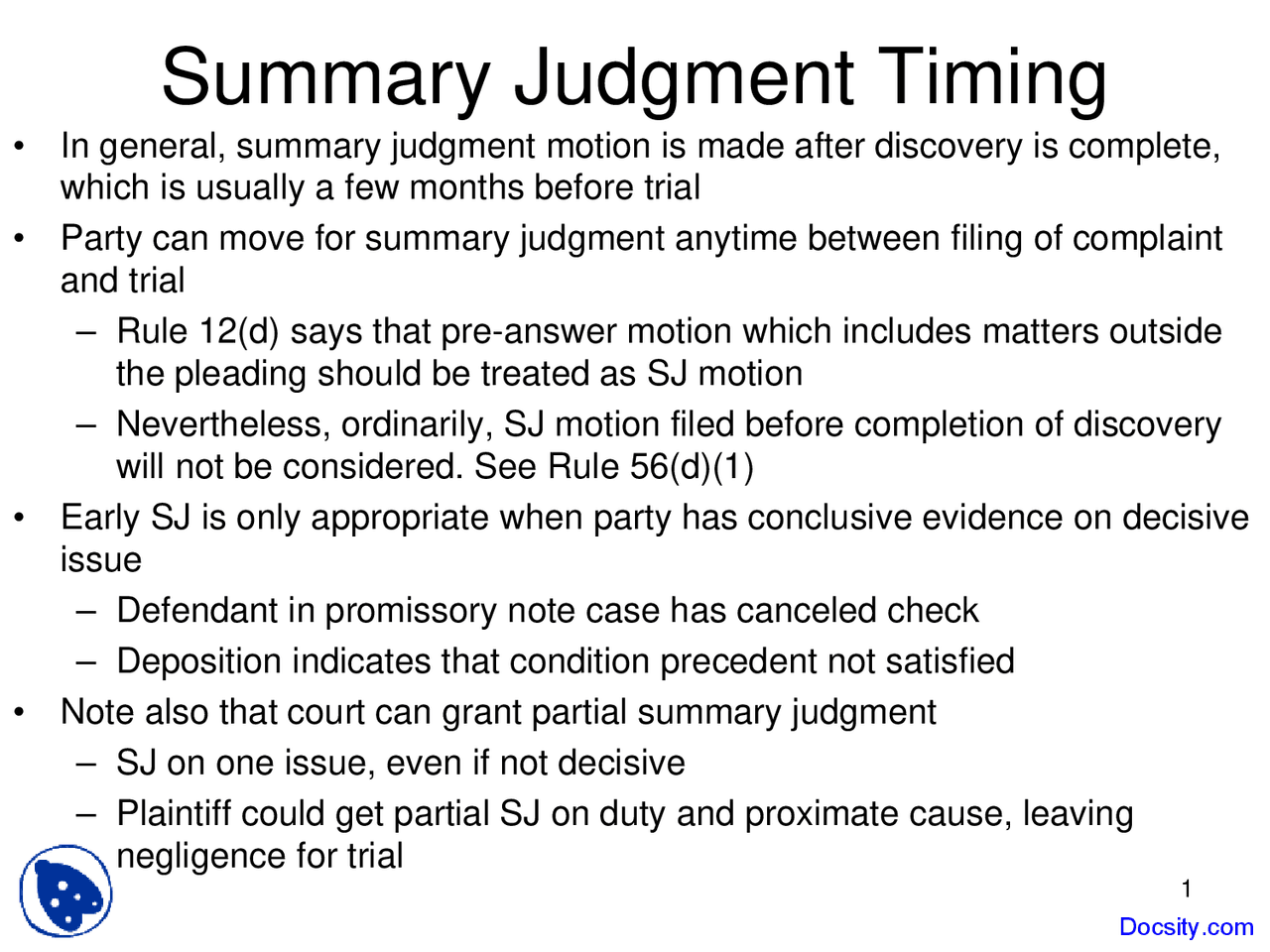 Summary Judgment Timing Civil Procedure Lecture Slides Docsity