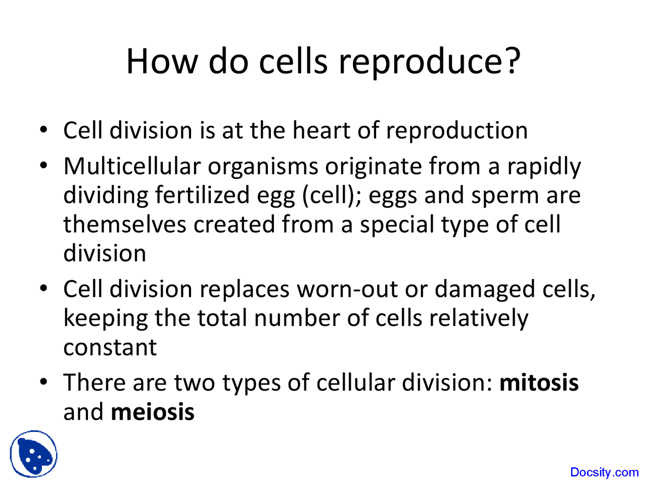 Cells Reproduction - Principles of Biology - Lecture Slides - Docsity