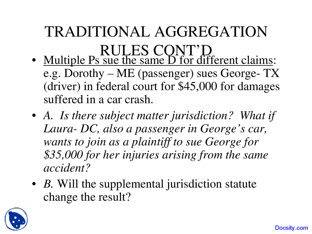 Traditional Aggregation - Civil Procedure - Lecture Slides - Docsity