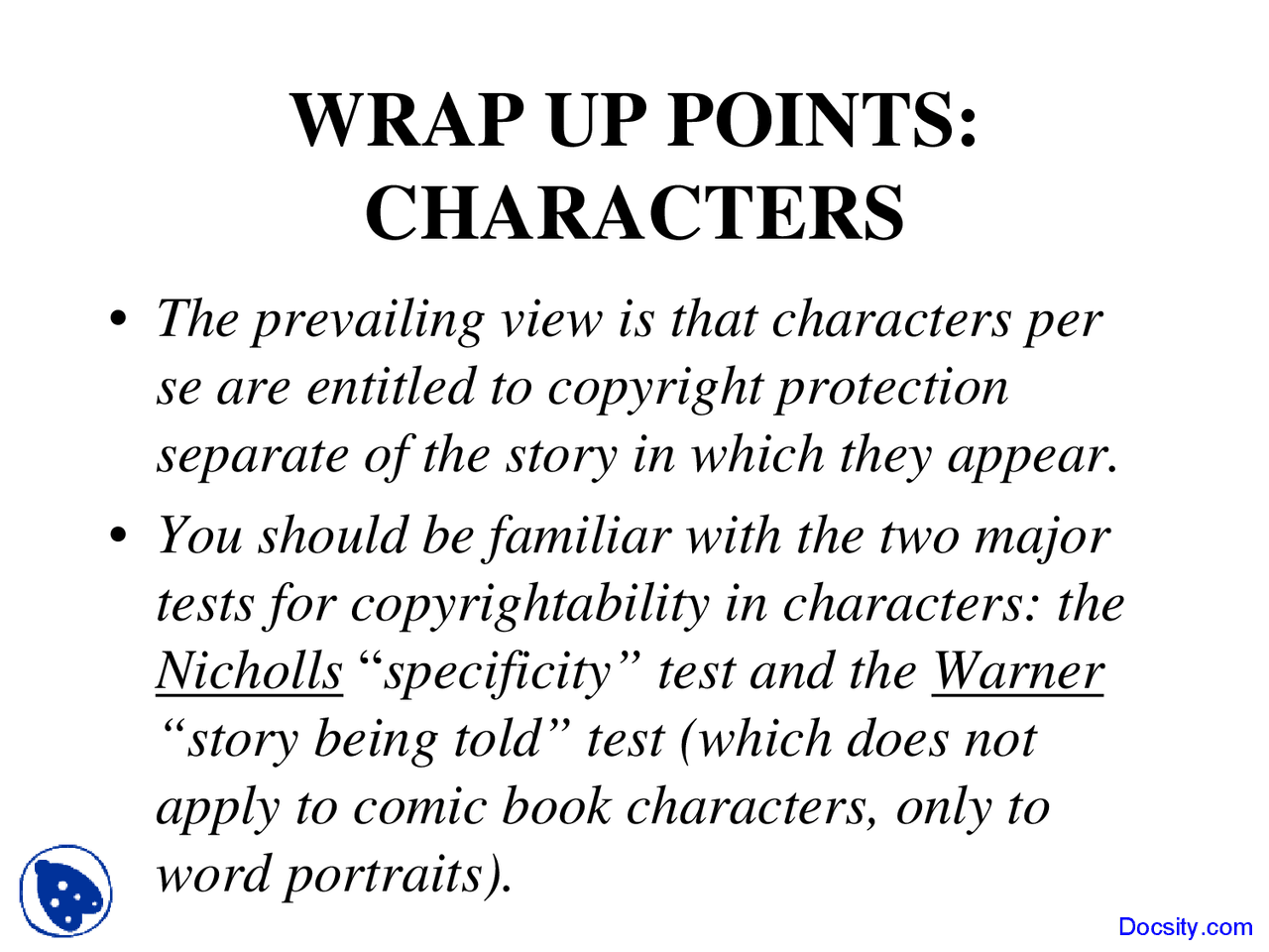 Characters Copyright Law Lecture Slides Docsity