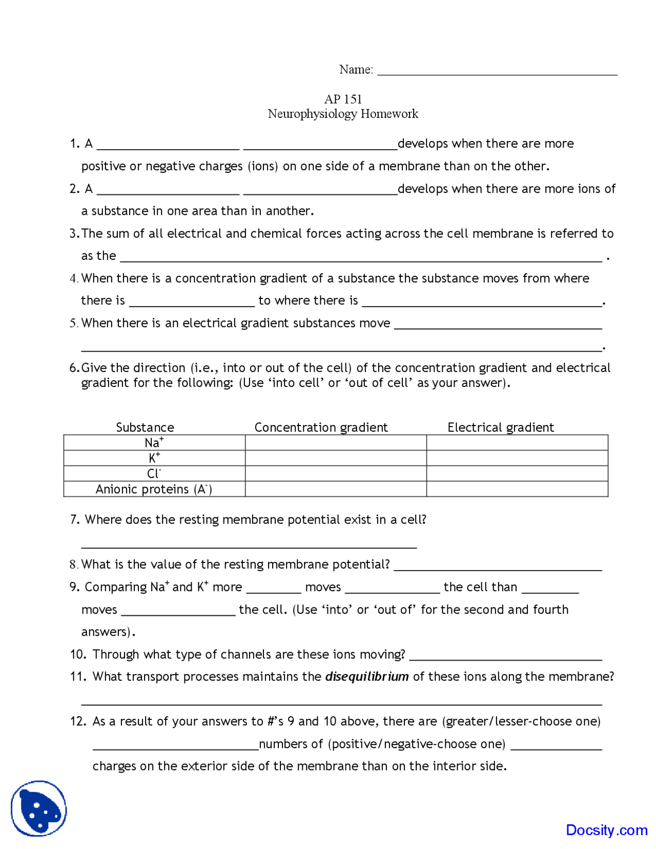 Neurophysiology Homework Physiology And Anatomy Quiz Docsity
